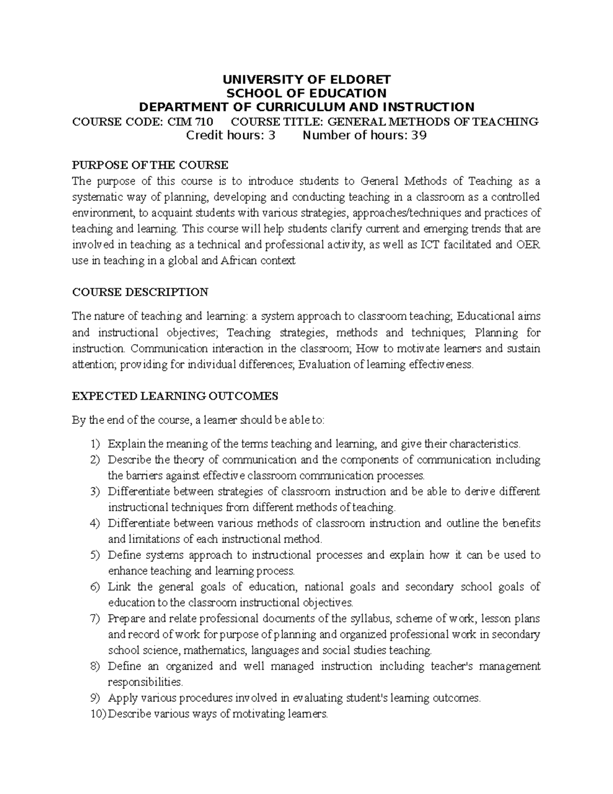 CIM 710 Notes 2021 - PGDE - UNIVERSITY OF ELDORET SCHOOL OF EDUCATION ...