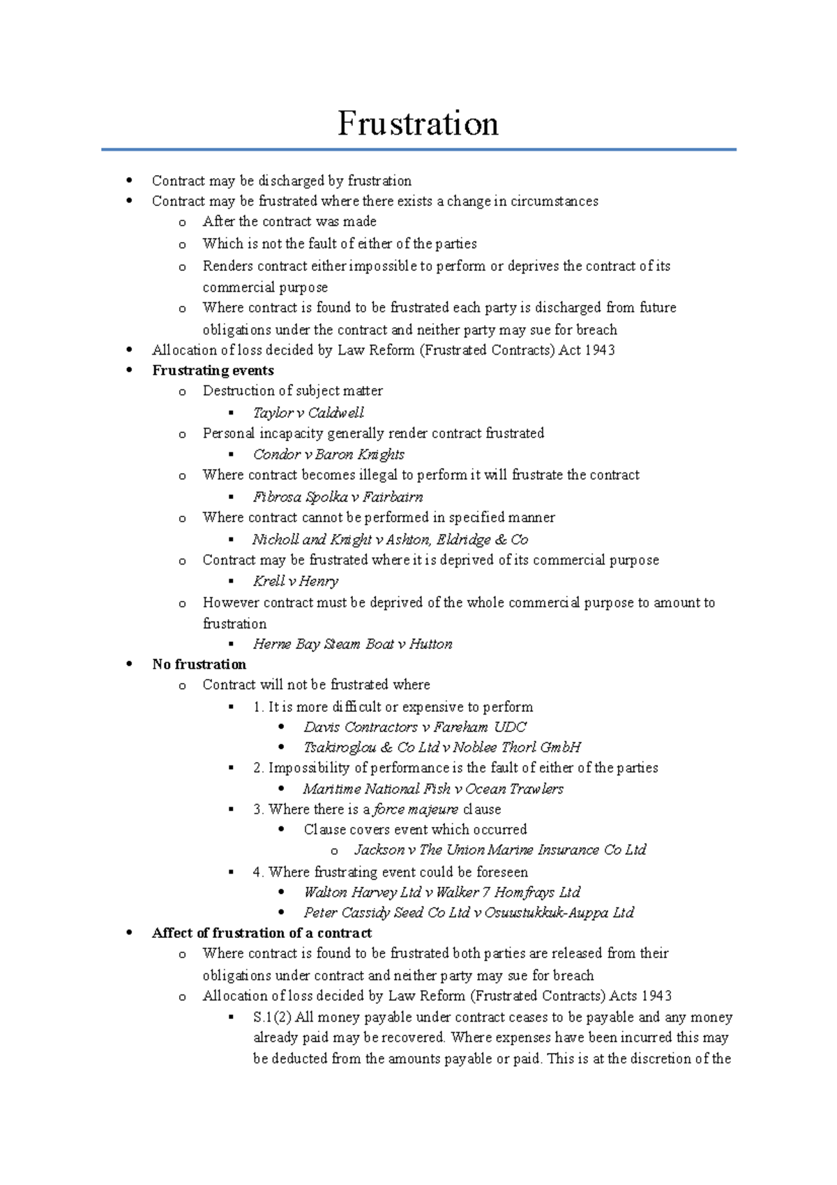 Frustration - Frustration Contract may be discharged by frustration ...