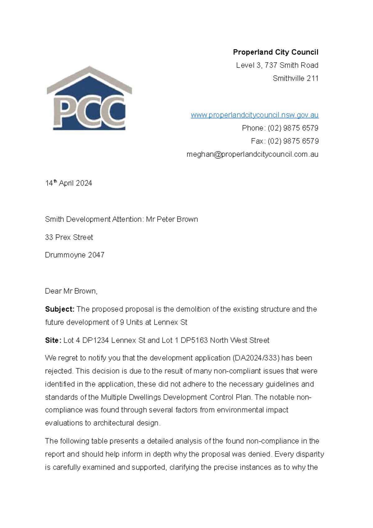 Property Building Letter - 14 th April 2024 Smith Development Attention ...