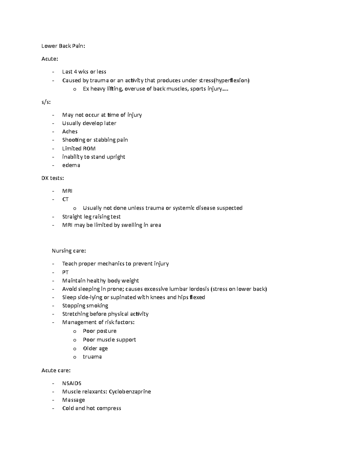 Lower back pain - notes - Lower Back Pain: Acute: Last 4 wks or less ...