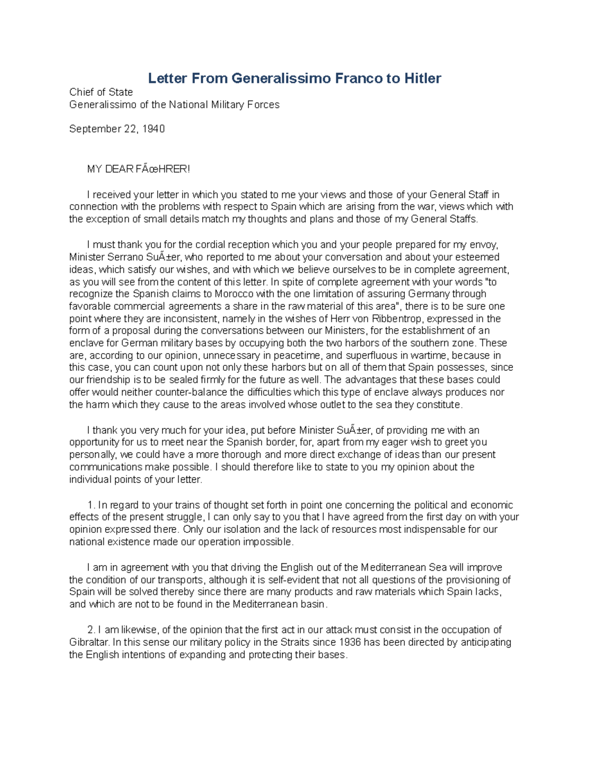 Letter From Generalissimo Franco to Hitler - I must thank you for the ...