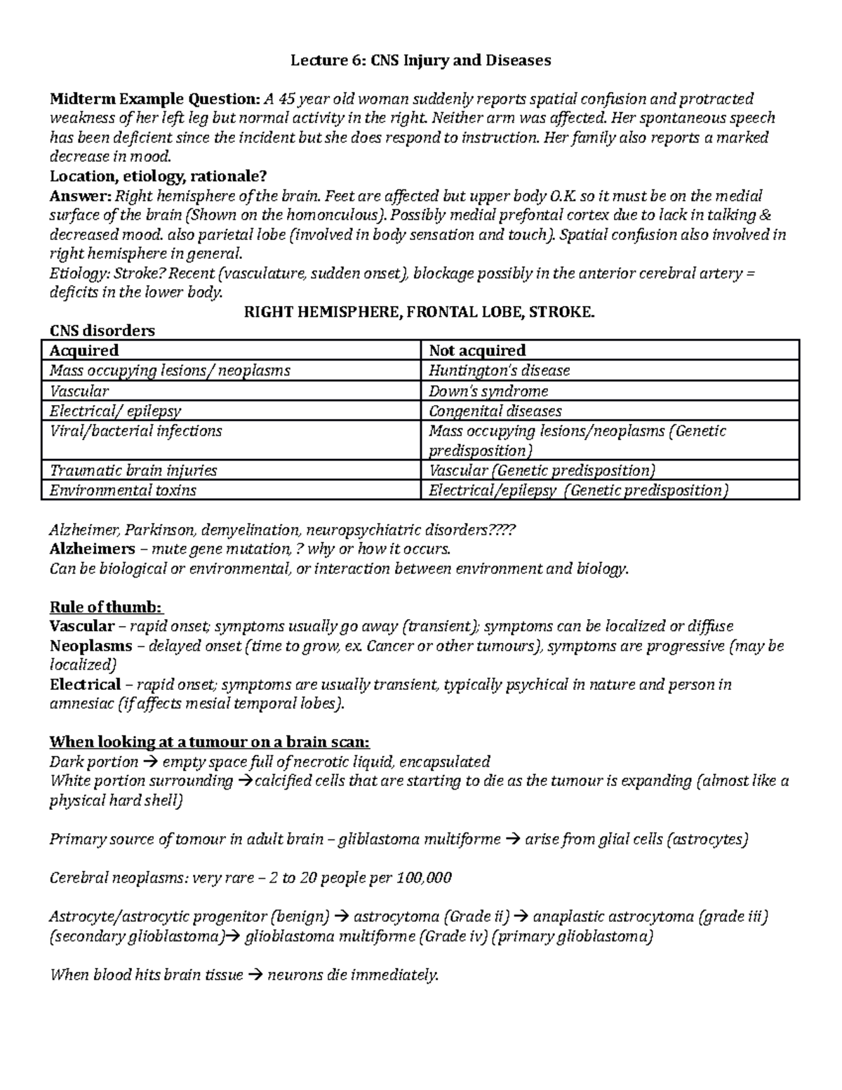 Lecture 6 quick notes - Professor Neil Fournier - Lecture 6: CNS Injury ...