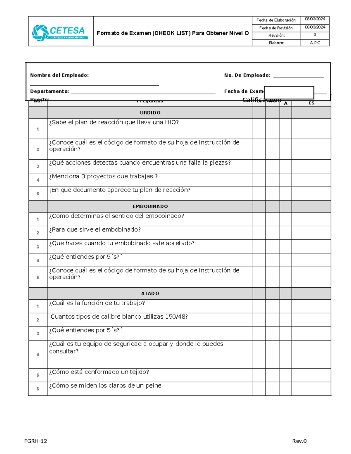 Nivel O Tejido - wdfegszhtxt - Formato de Examen (CHECK LIST) Para ...