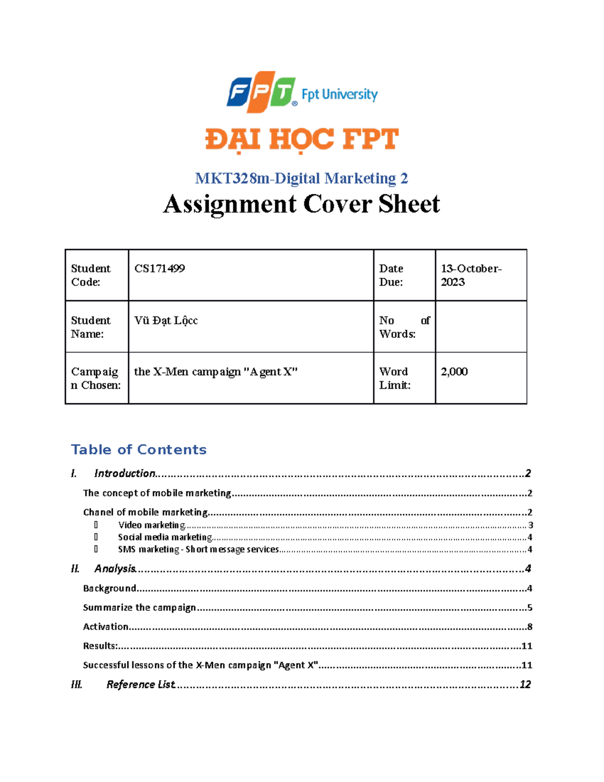 Iamkt 328m Vũ Đạt Lộc BA1707 - MKT328m-Digital Marketing 2 Assignment Cover Sheet Student Code ...
