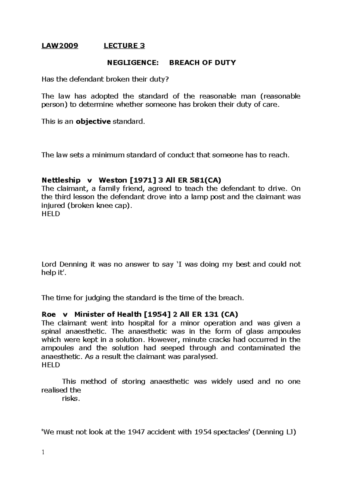 Lecture 3 Negligence breach of duty - LAW2009 LECTURE 3 NEGLIGENCE ...