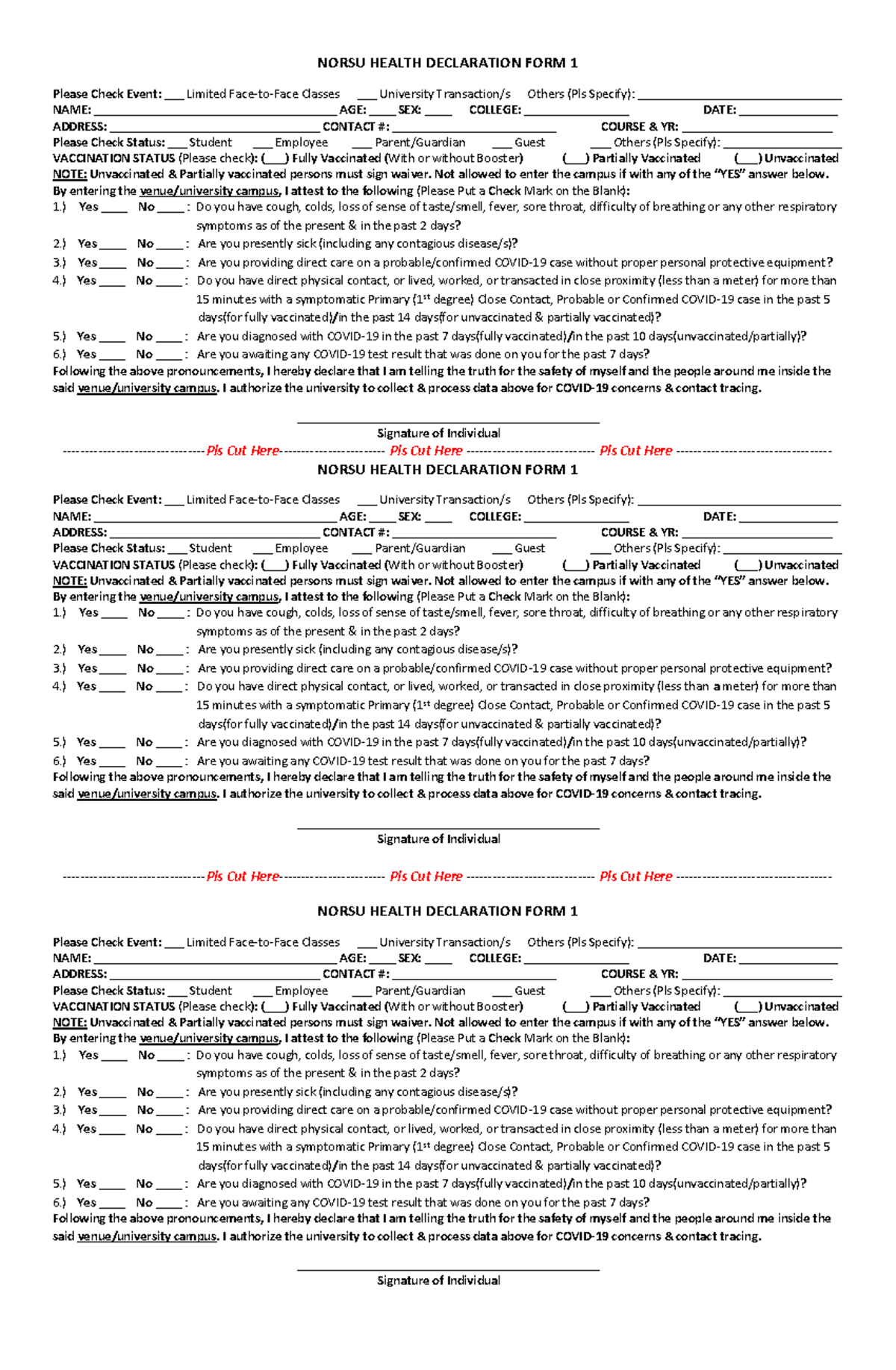 Norsu Health Declaration Form 1 September 2022 - NORSU HEALTH ...