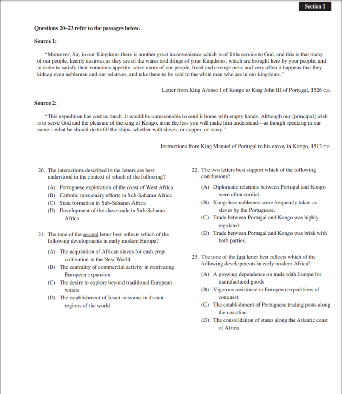 World History Exam 1004 - Section I Questions refer to the passages ...