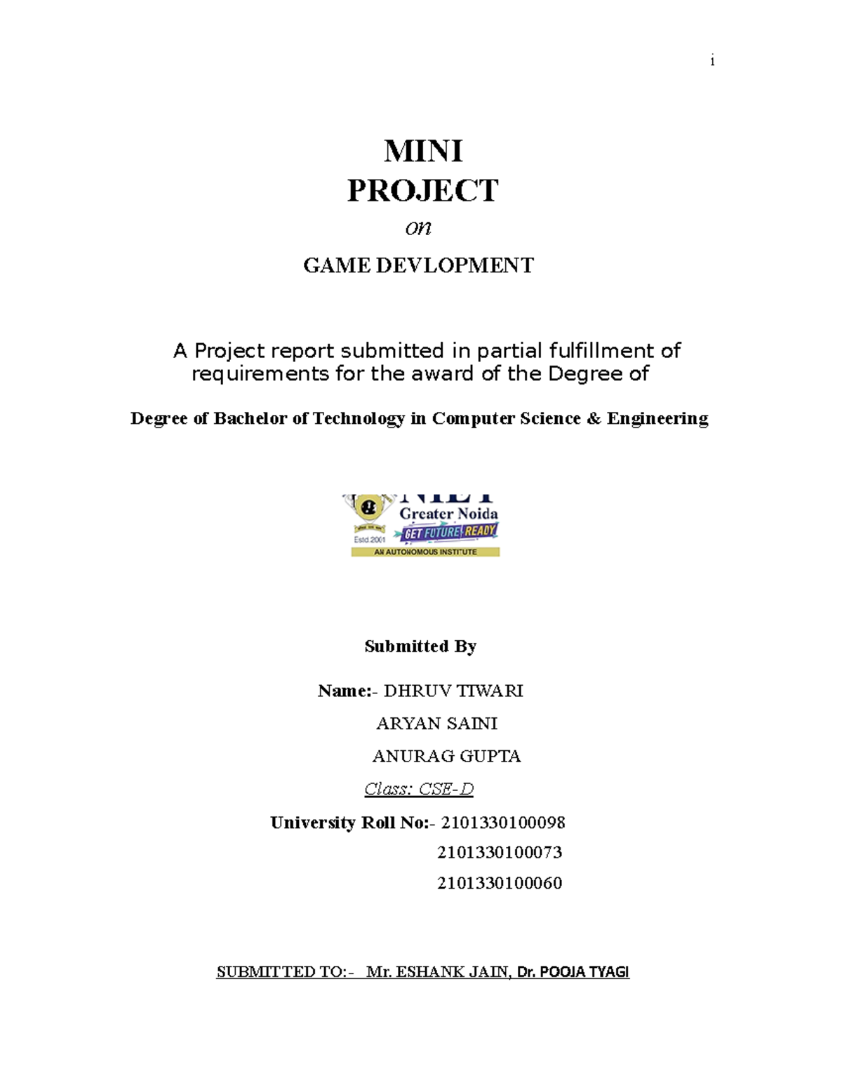 Mini project Report - i MINI PROJECT on GAME DEVLOPMENT A Project ...