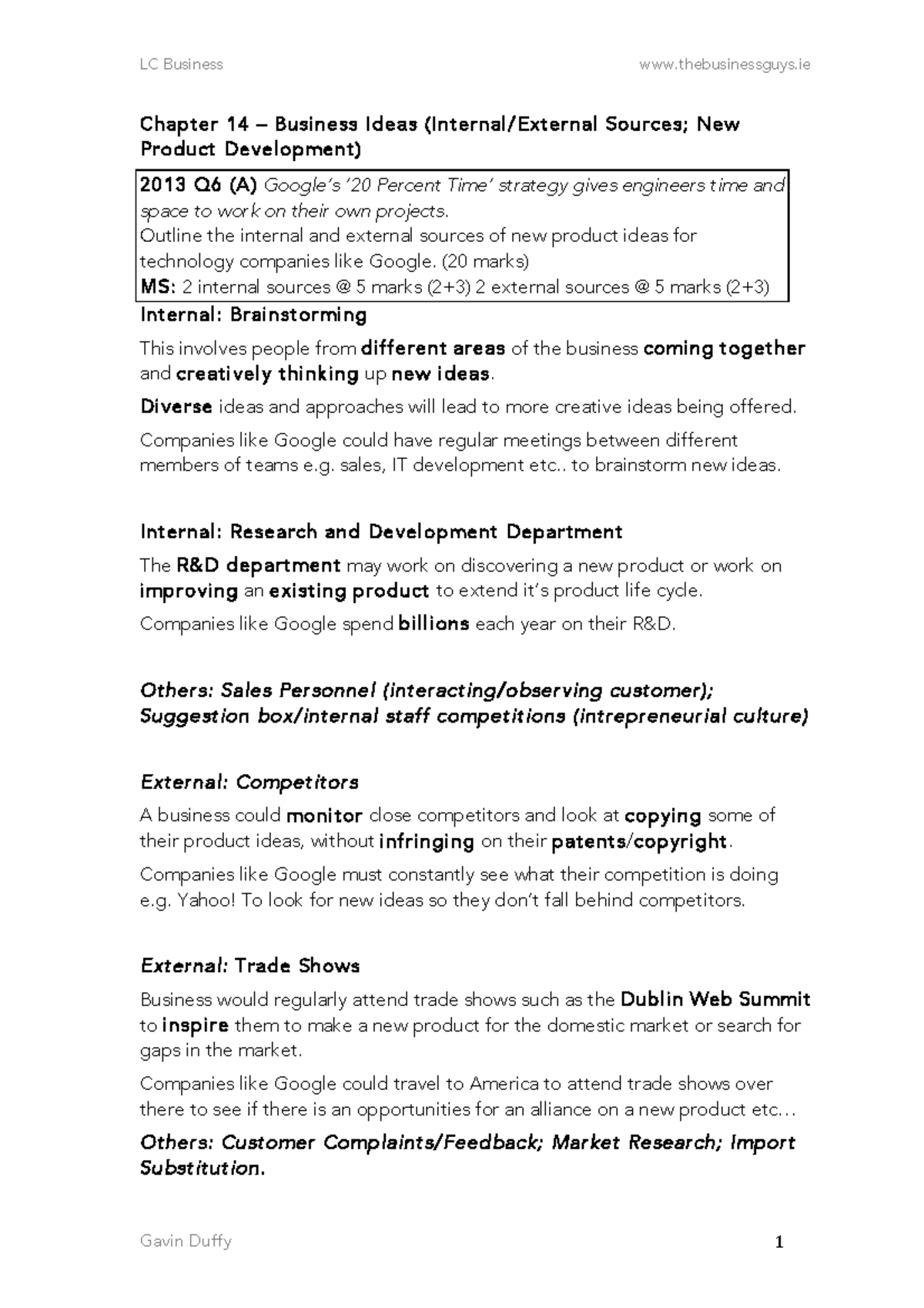 Business Ideas generation - Chapt er 14 – Business Ideas (Int ernal/Ext ...
