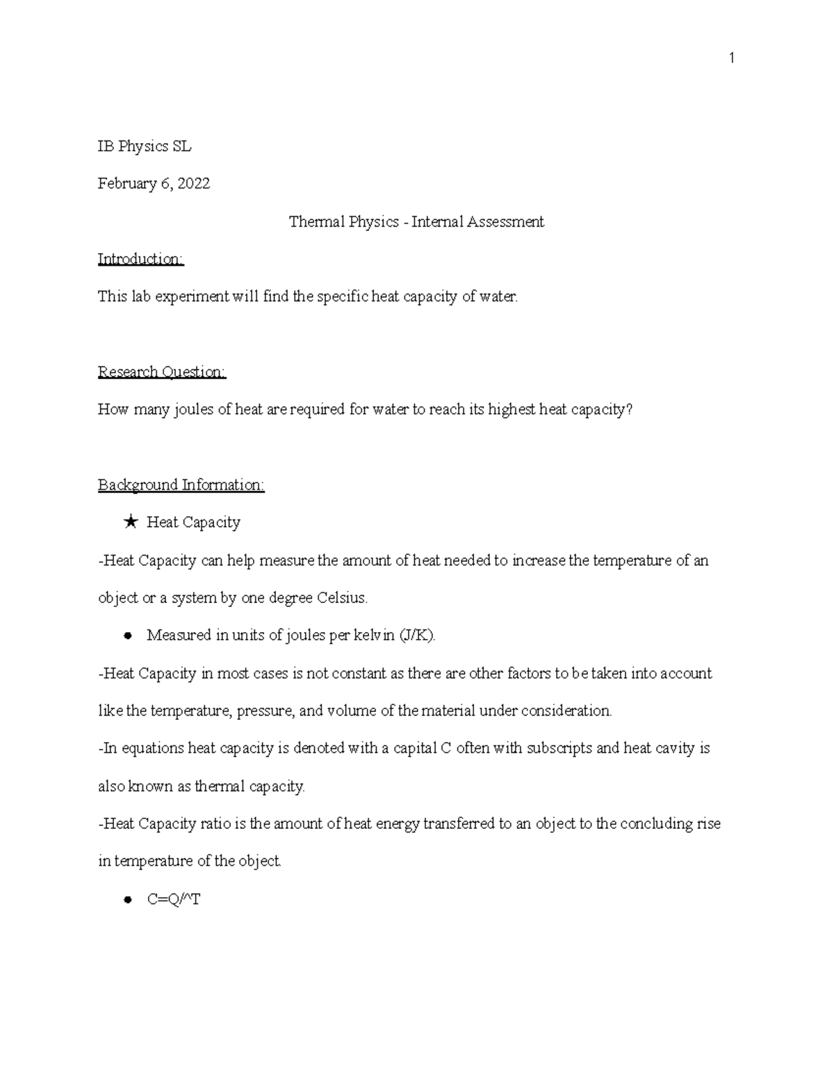 I.A. Thermo Physics - IB Physics SL February 6, 2022 Thermal Physics ...