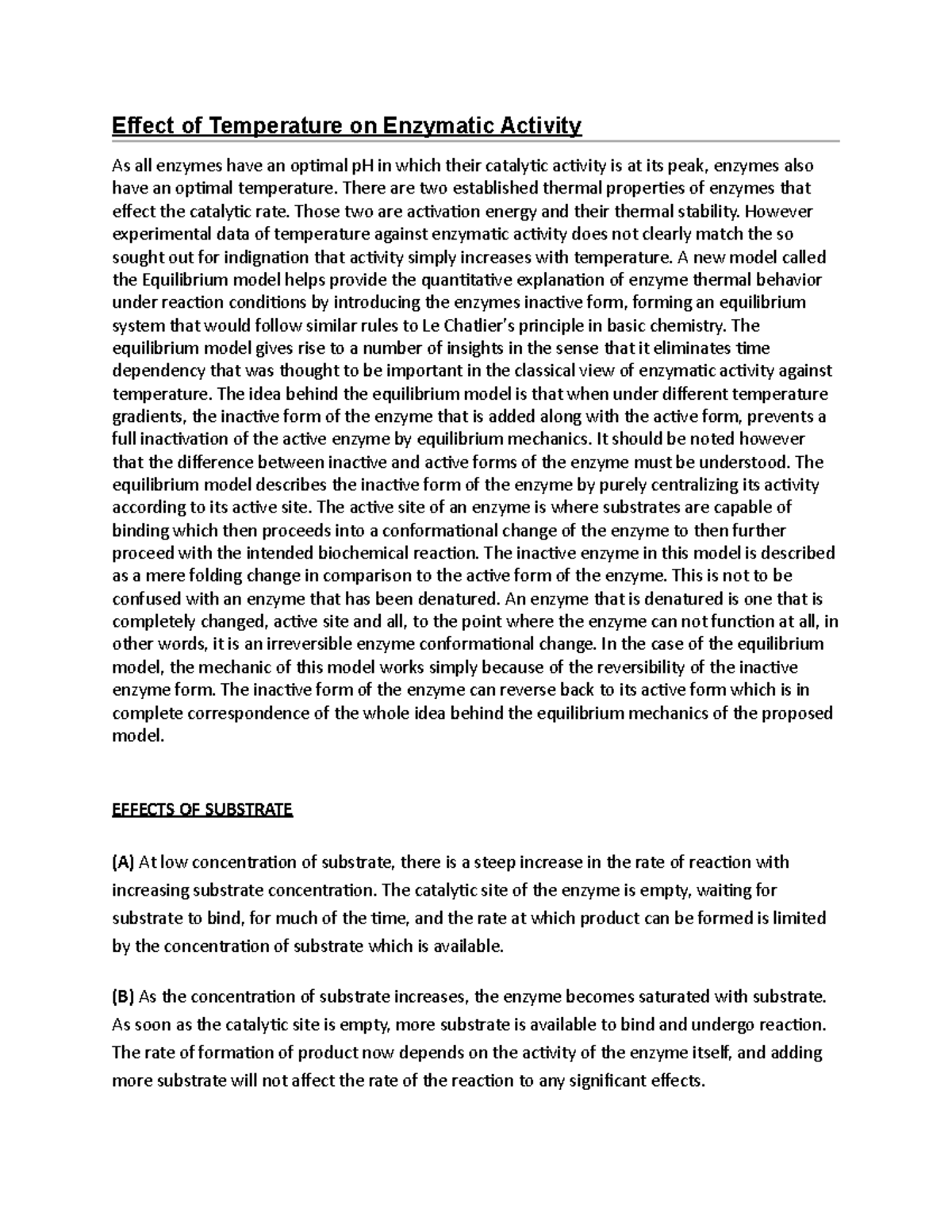 Effect of Temperature on Enzymatic Activity - There are two established ...