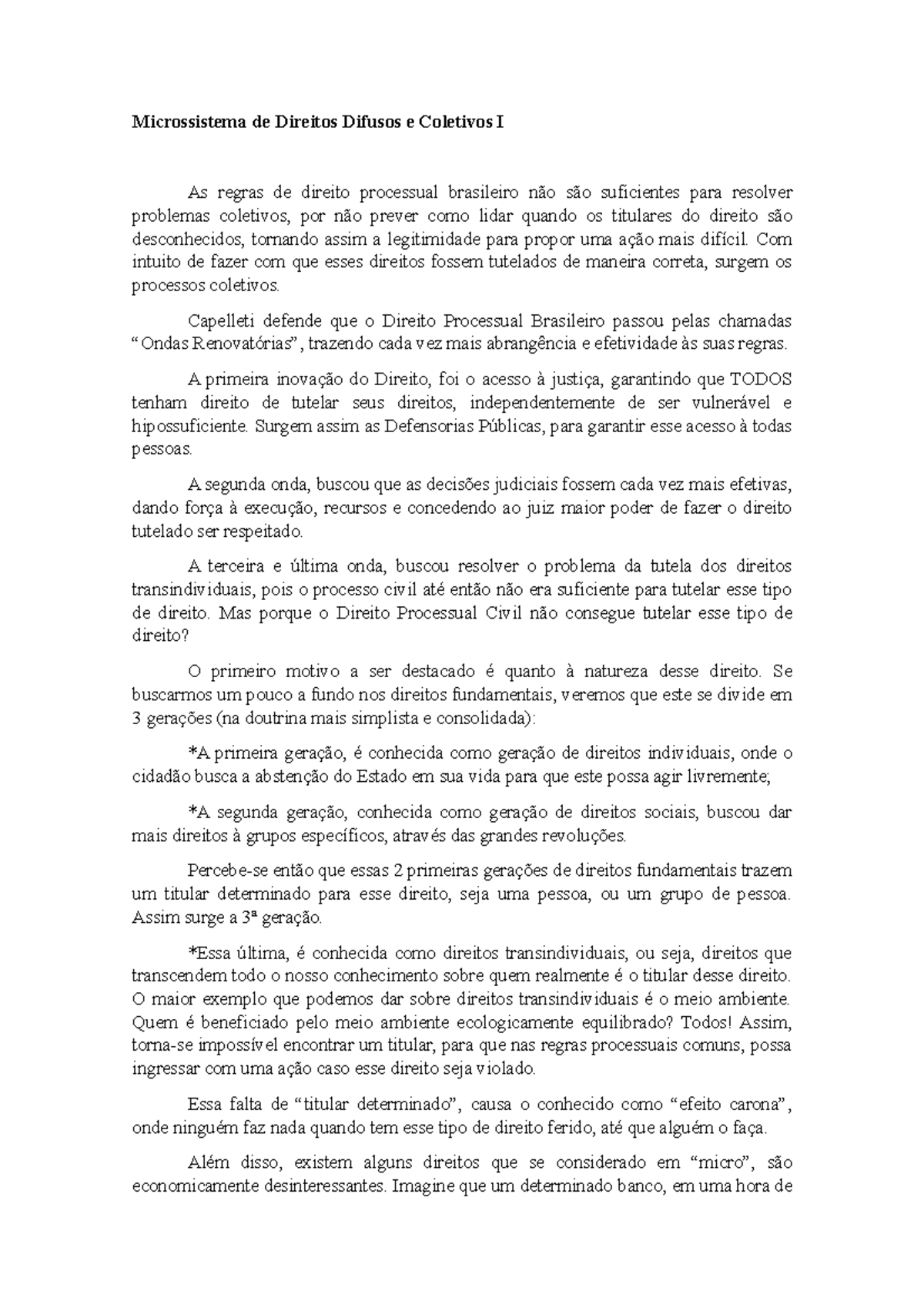 Microssistema de Direitos Difusos e Coletivos I - Com intuito de fazer ...