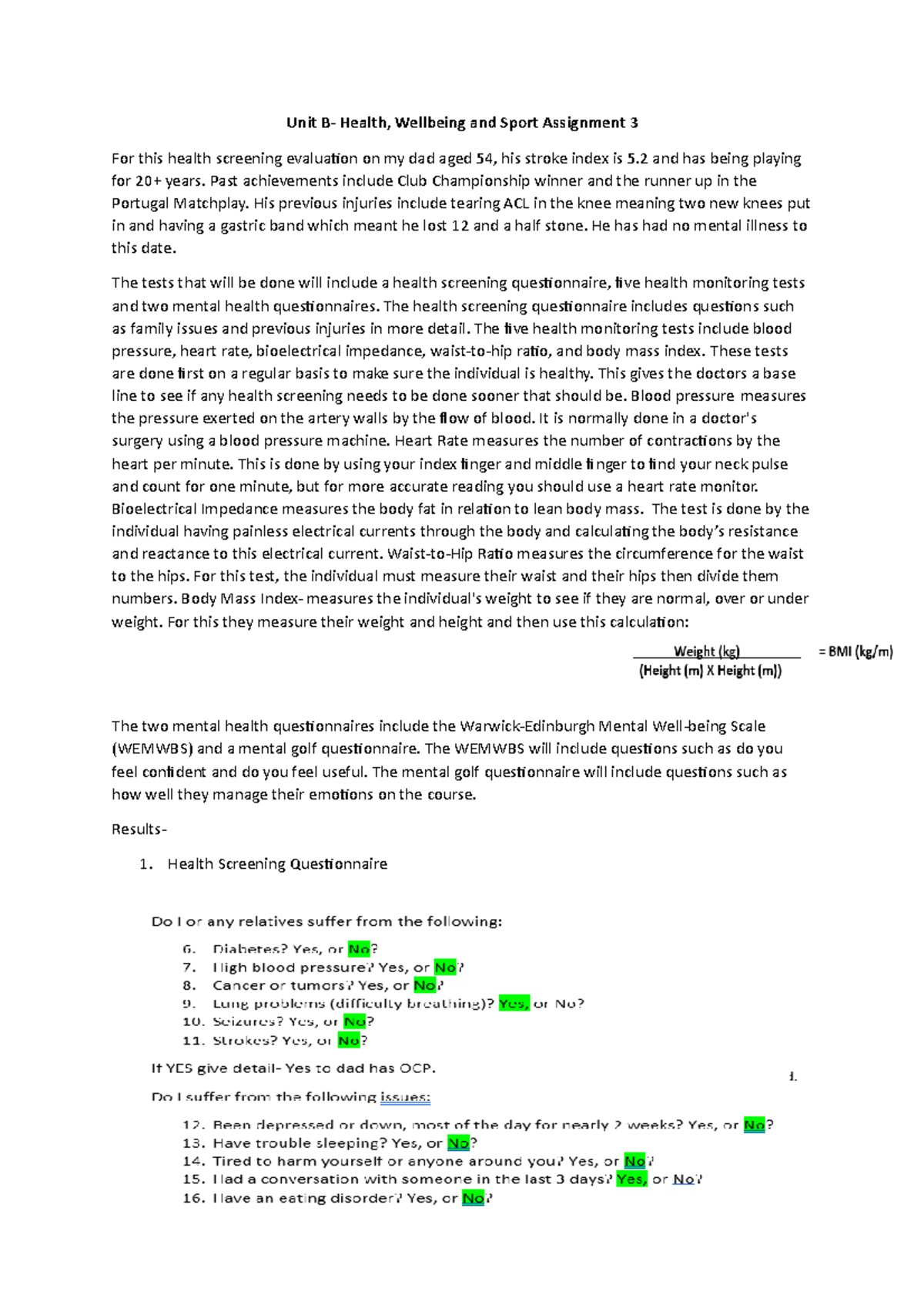 Health and wellbeing 3 - Unit B- Health, Wellbeing and Sport Assignment ...