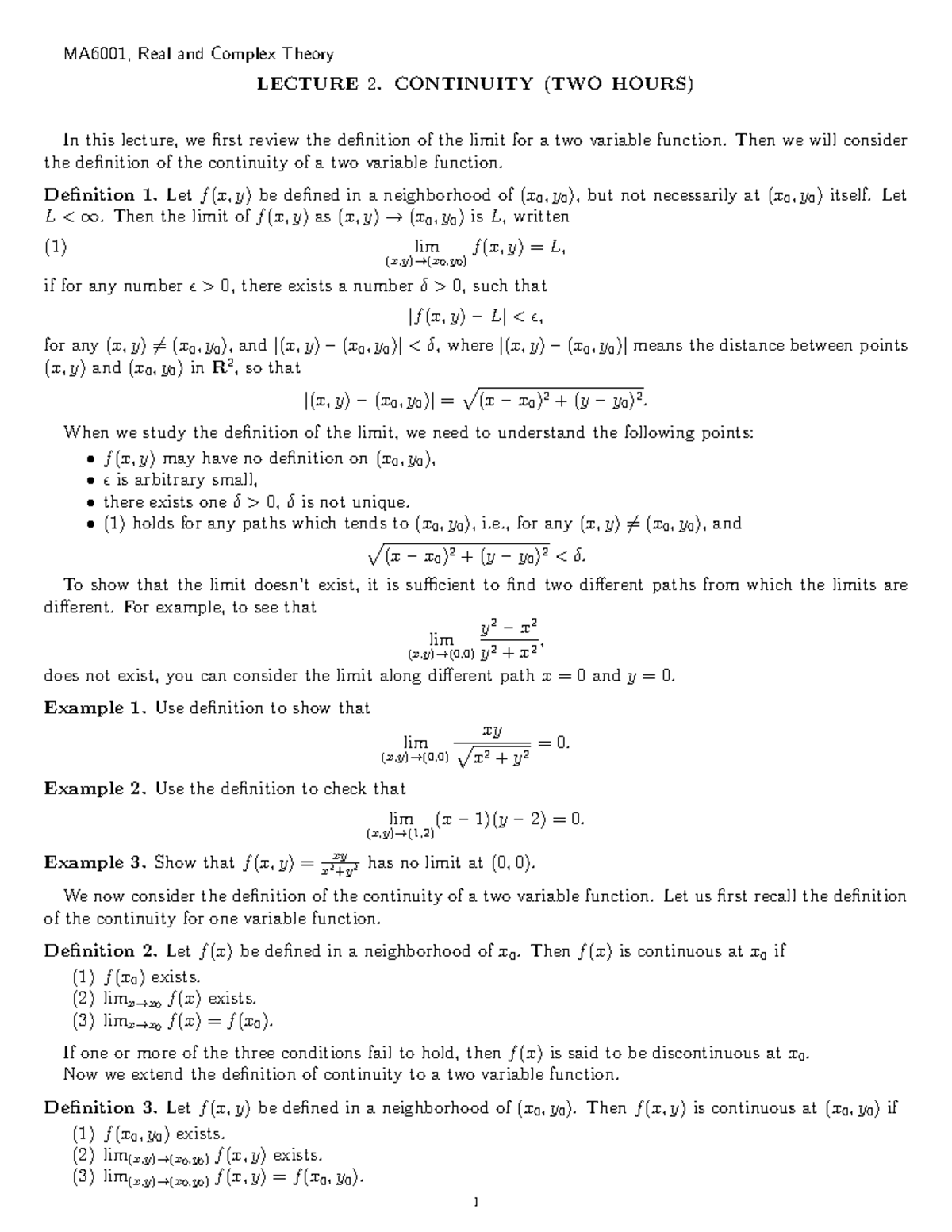 Lecture notes 2 - Real and Complex Function Theory - MA6001, Real and ...
