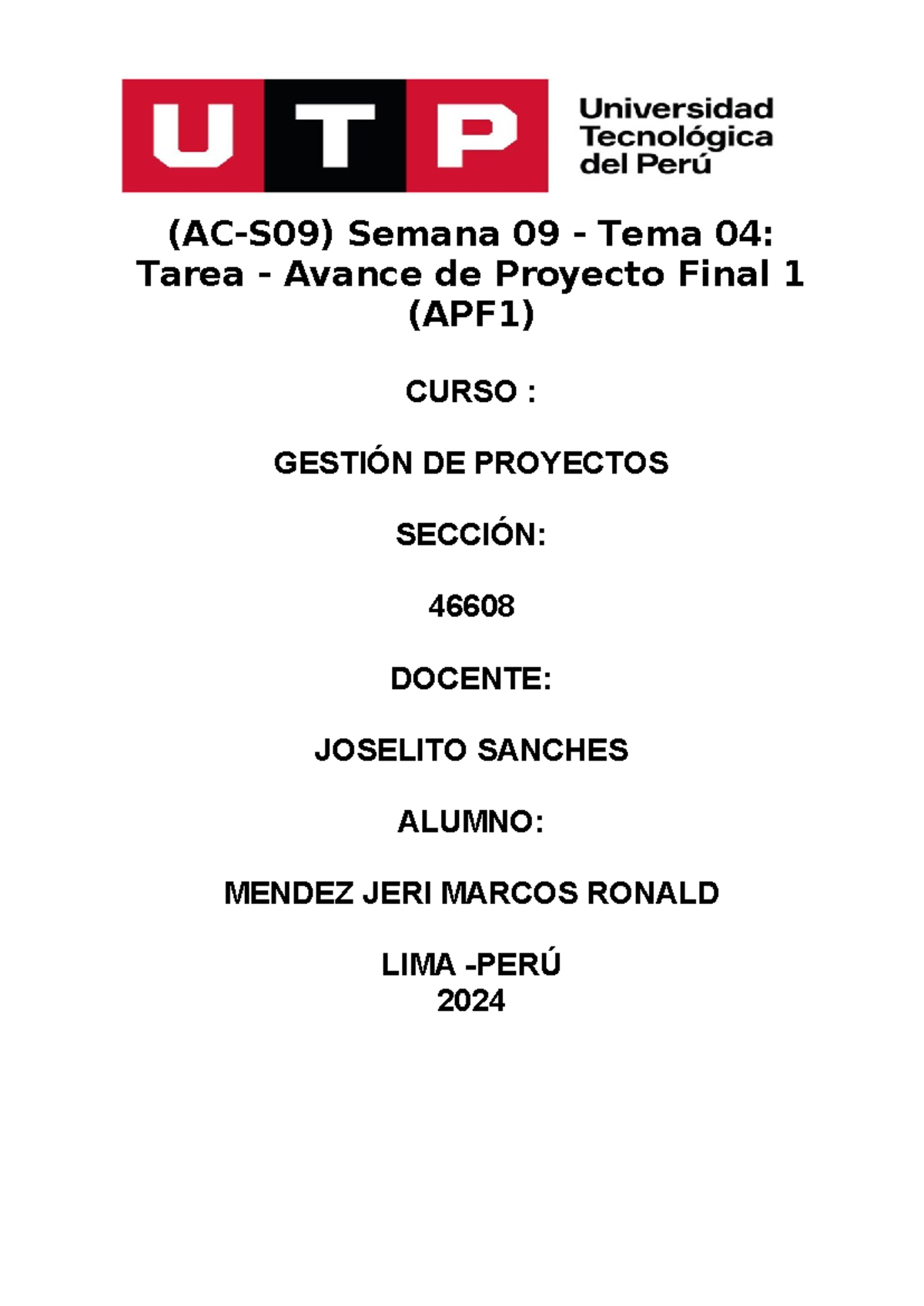 Avance final gestión de proyecto - (AC-S09) Semana 09 - Tema 04: Tarea - Avance de Proyecto ...