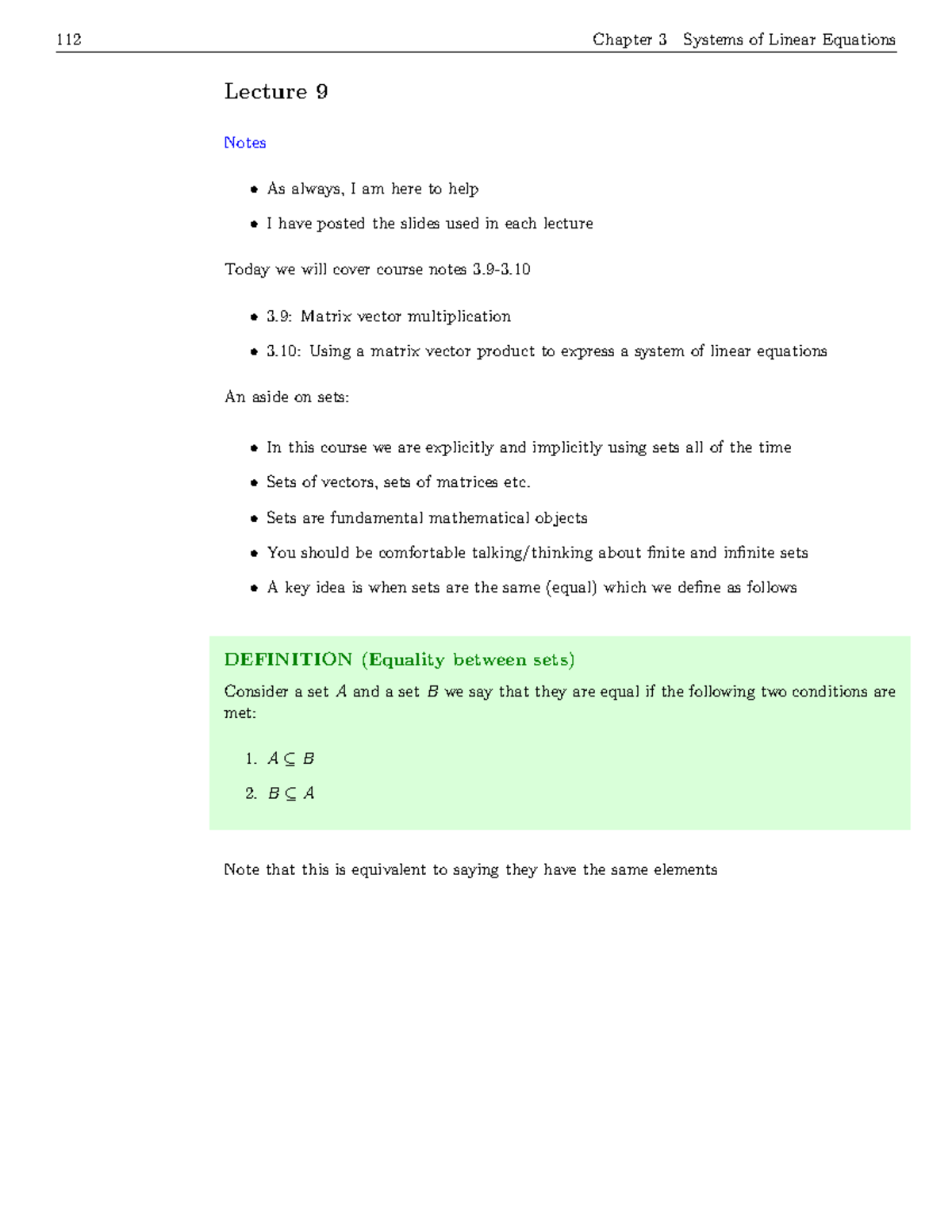 Lecture 9 focusing on linear algebra with matrixs - 112 Chapter 3 ...