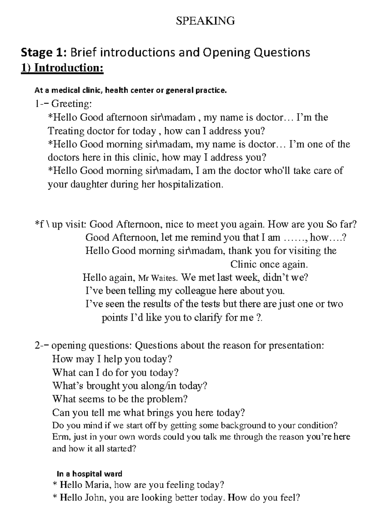 Copy of Speaking RRS copy - SPEAKING Stage 1: Brief introductions and ...