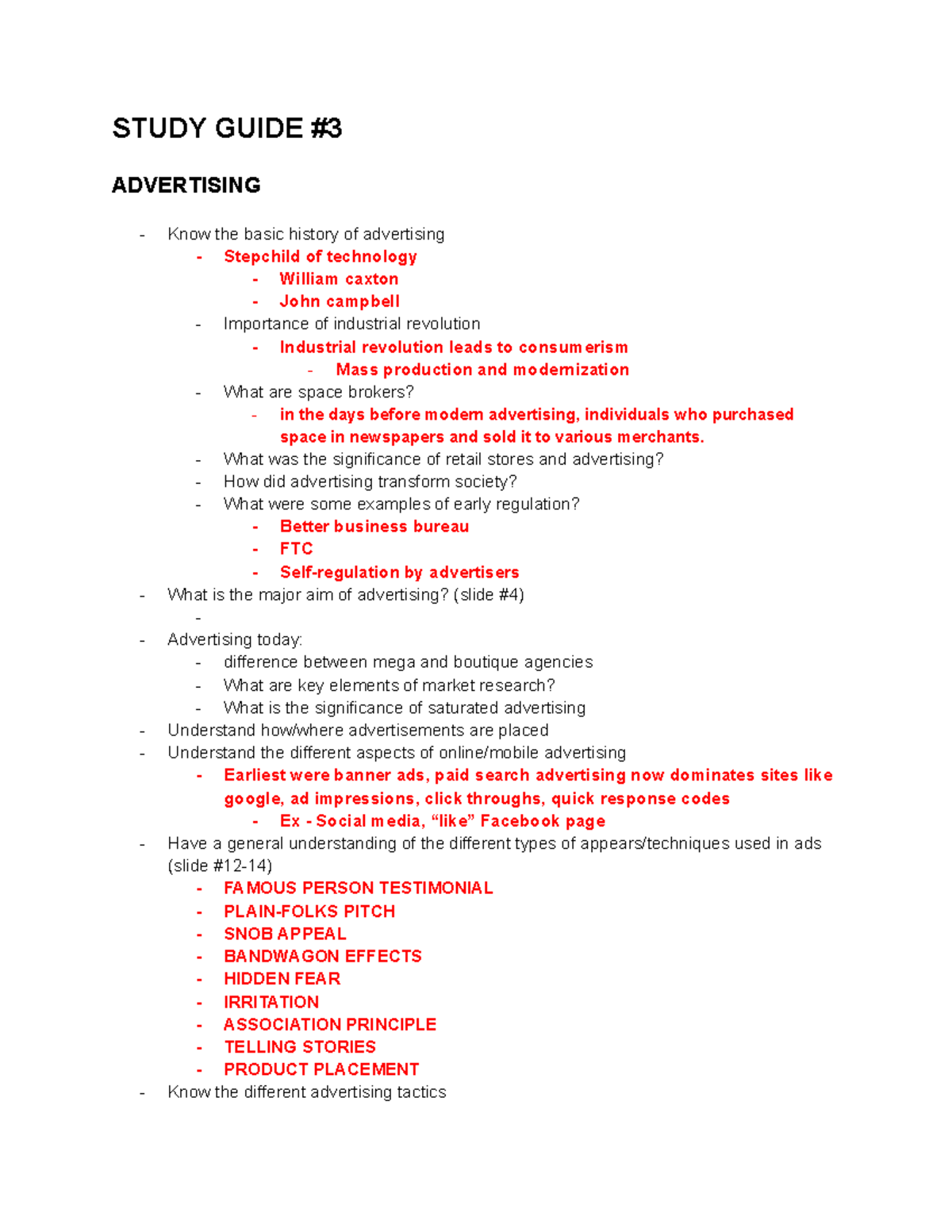 Study Guide #3 review - STUDY GUIDE ADVERTISING Know the basic history ...