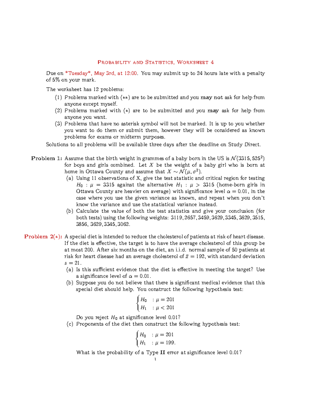 Probability and Statistics WS4 - Probability and Statistics, Worksheet ...