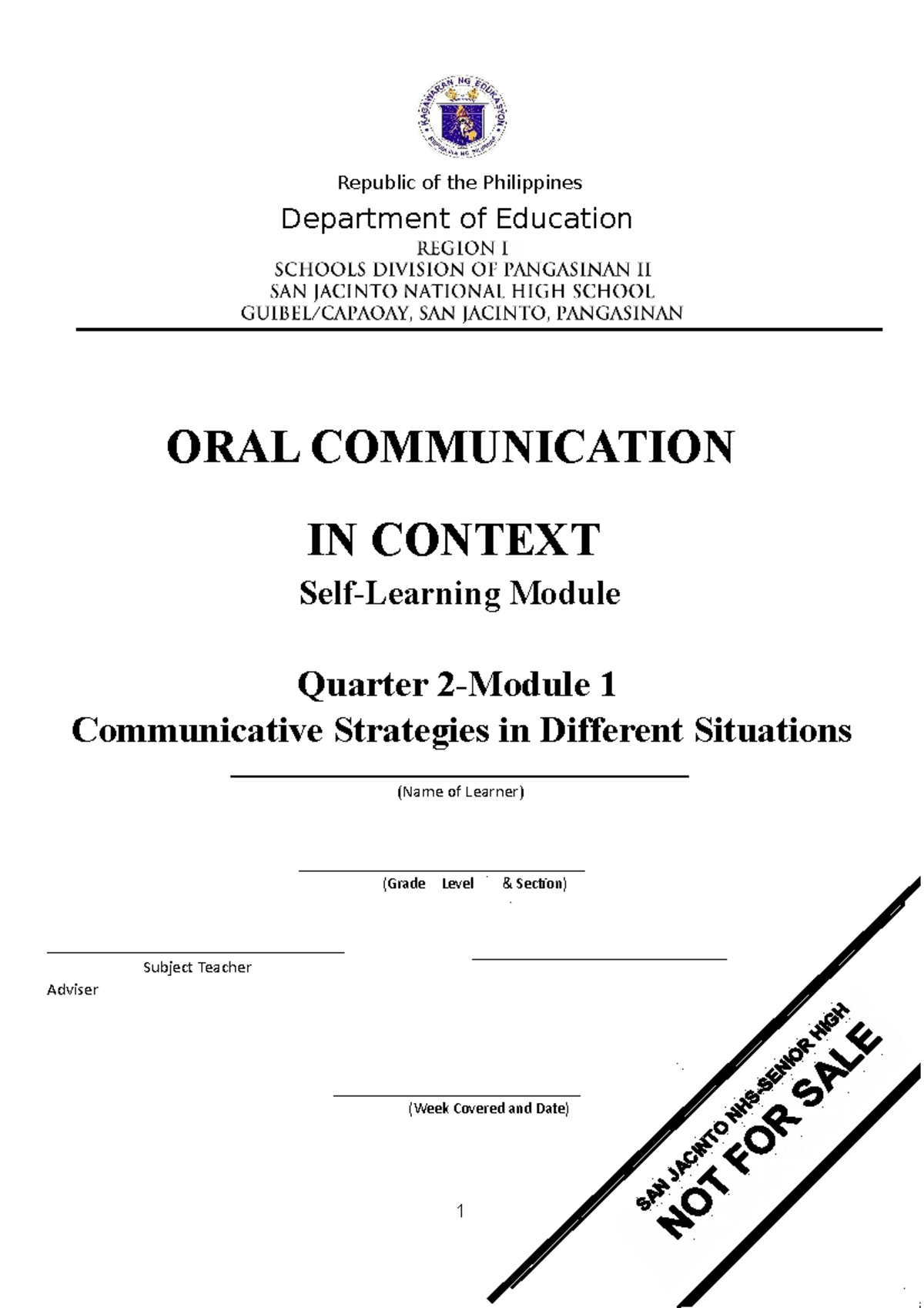 Week 1 Oral COm Q2 - Module for students - Republic of the Philippines ...
