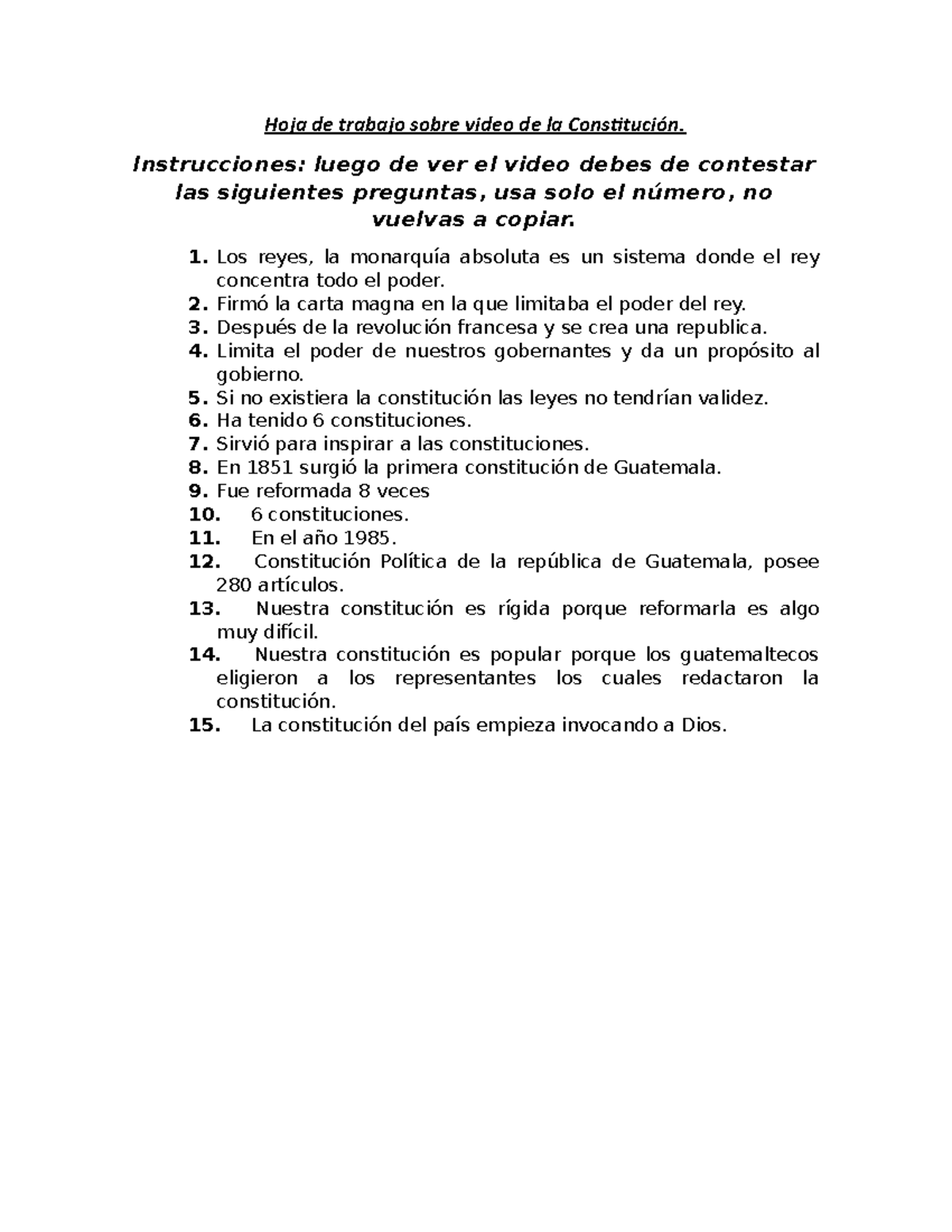 Hoja de trabajo sobre video de la Constitución - Instrucciones: luego ...