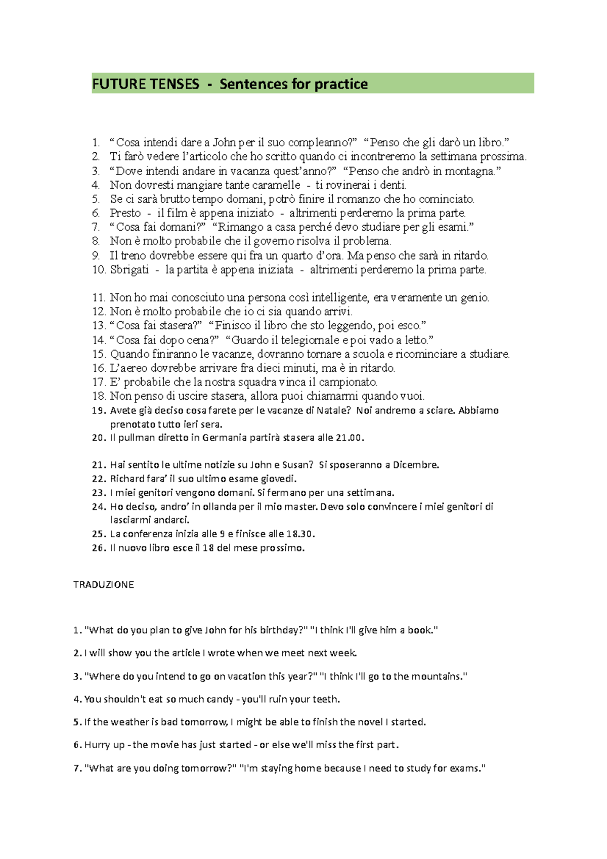 Sentence translation for Future Tenses - FUTURE TENSES - Sentences for ...