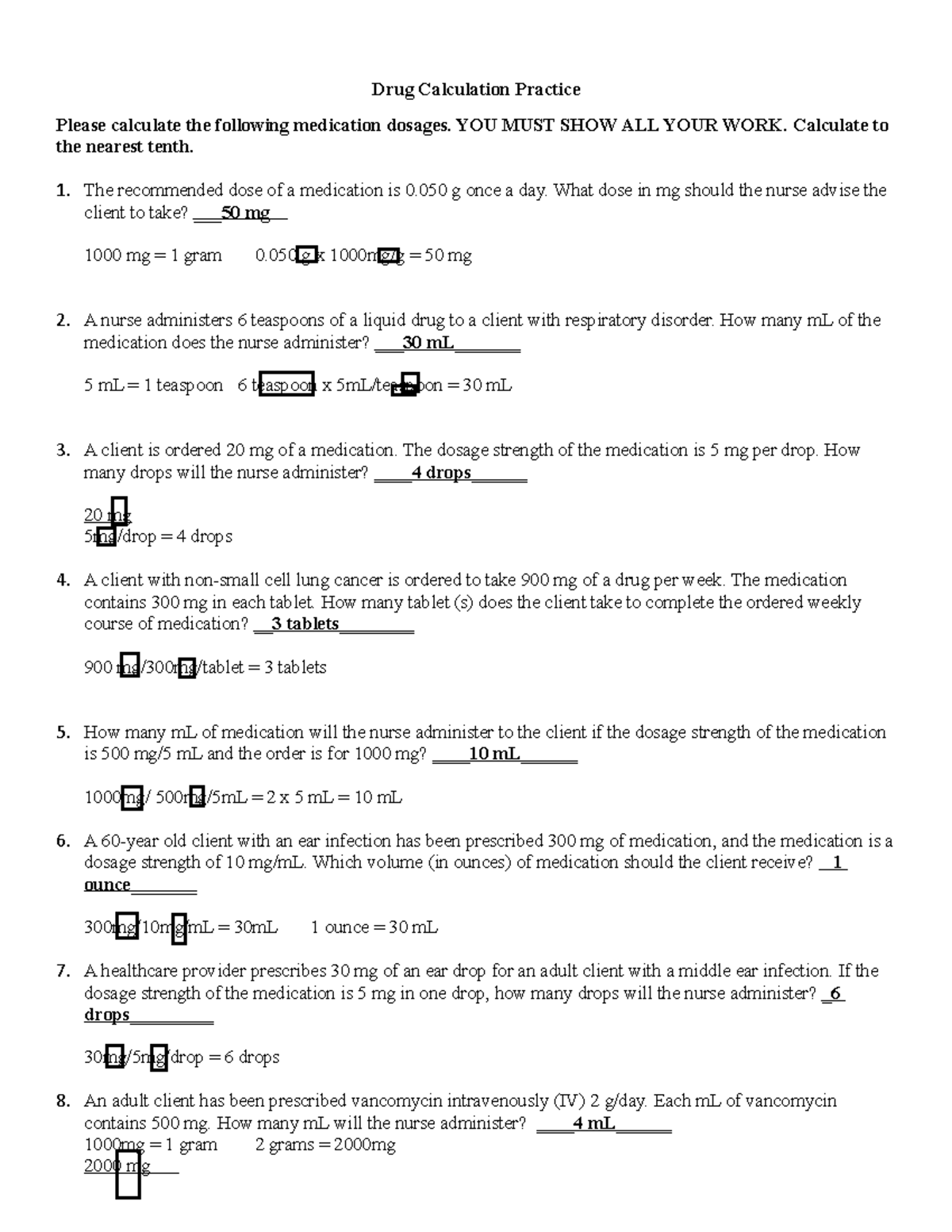 Answers Drug Calc Practice Test SP2020 Drug Calculation Practice Answers Drug Calc Practice Test SP2020 Drug Calculation Practice