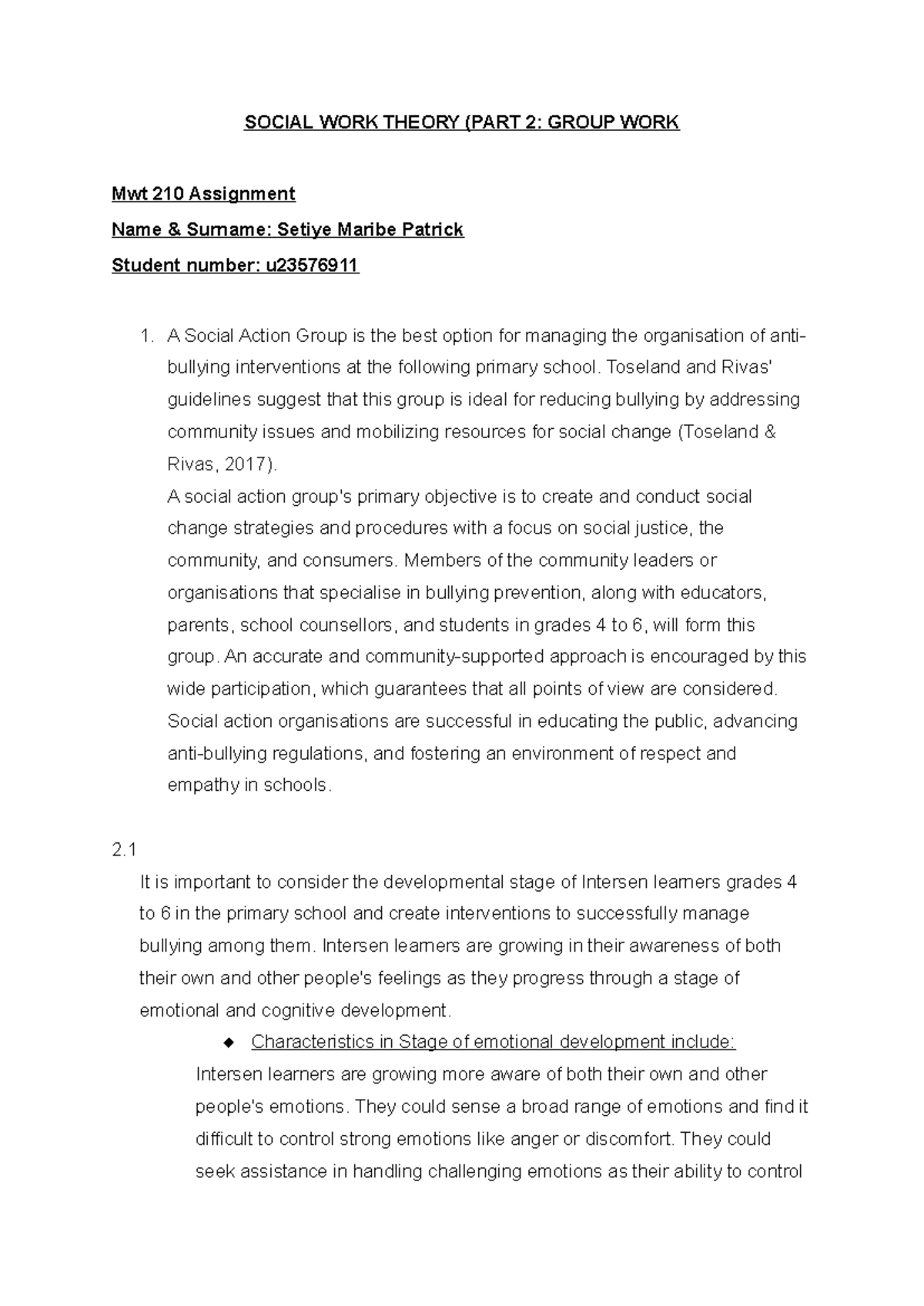 Assignment (Group work) - SOCIAL WORK THEORY (PART 2: GROUP WORK Mwt ...
