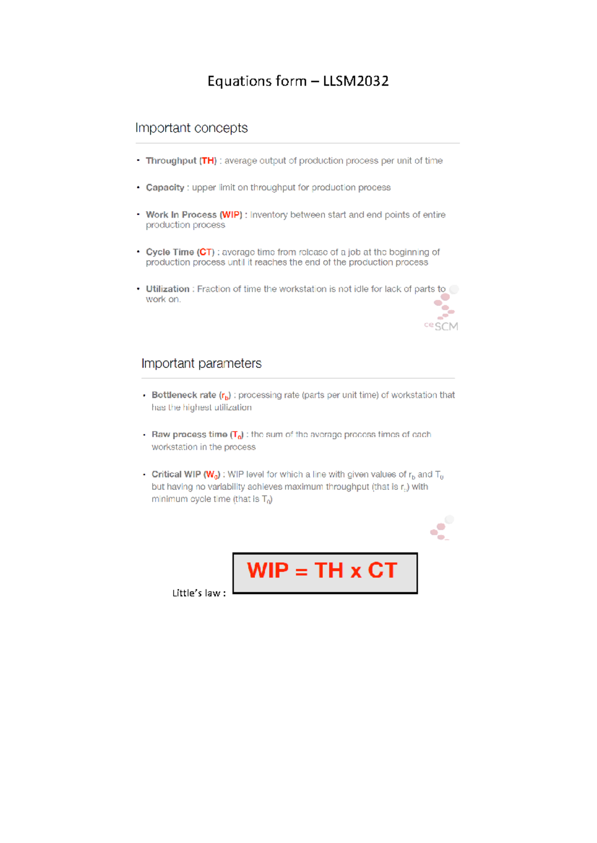 Formulaire-LLSMS 2032 - Equations form – LLSM2 032 Little’s law : Best ...