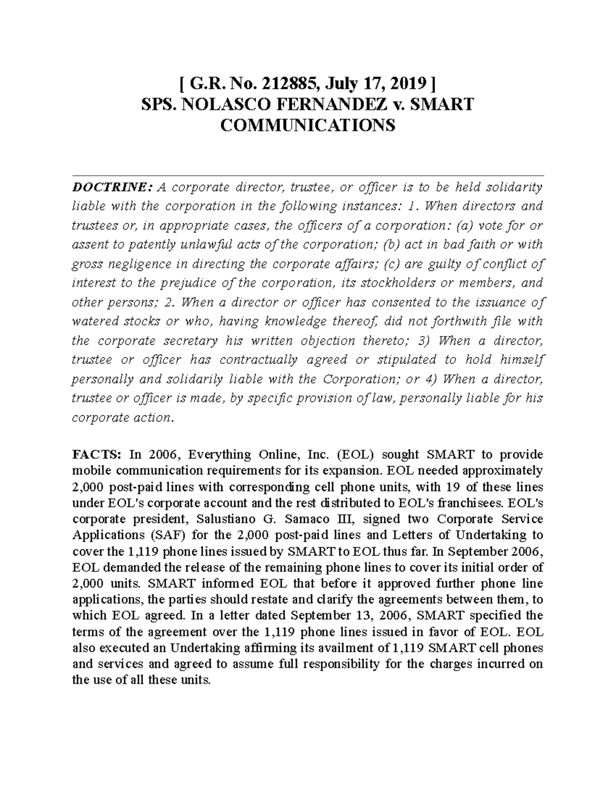 Sps. Fernandez vs. Smart Comm., Inc - [ G. No. 212885, July 17, 2019 ...