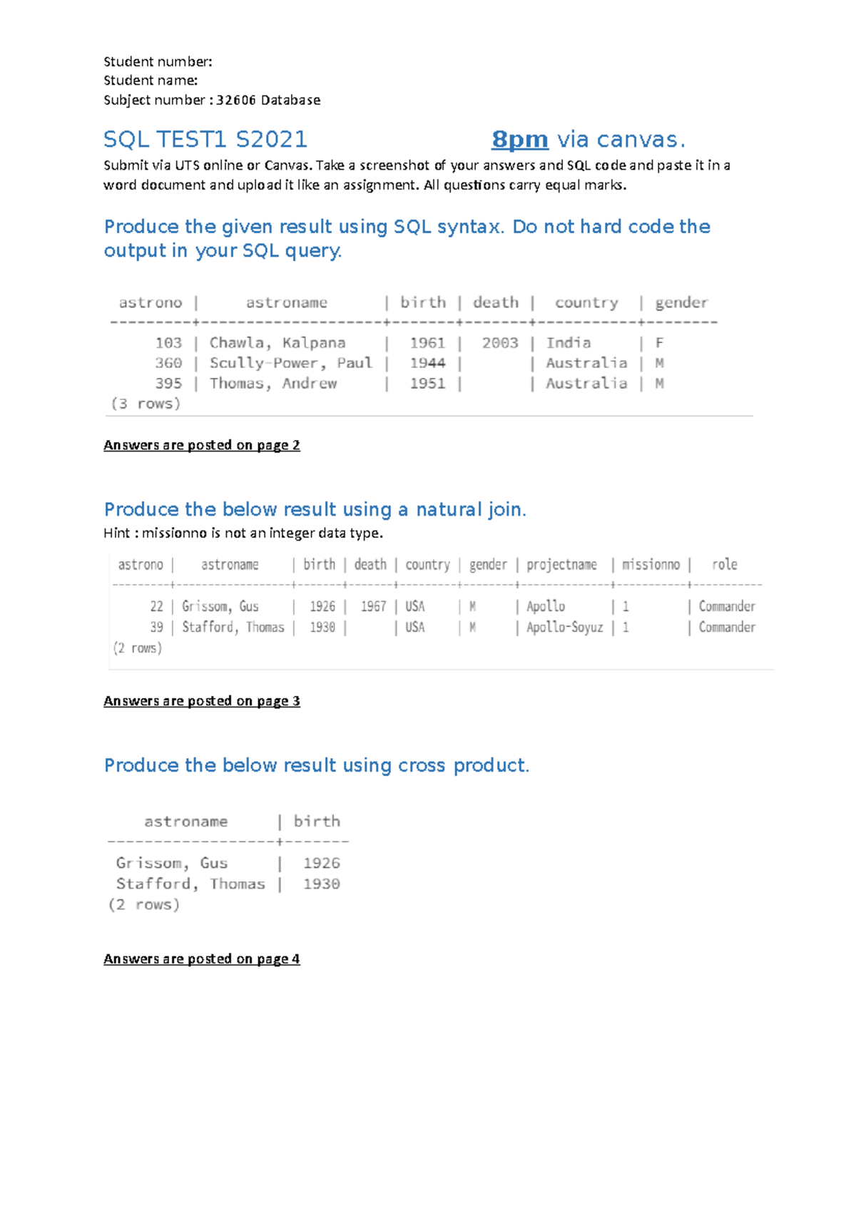 SQL TEST 1 - SPRING SEMESTER 2 2021 - DATABASE 32606 - Student name ...