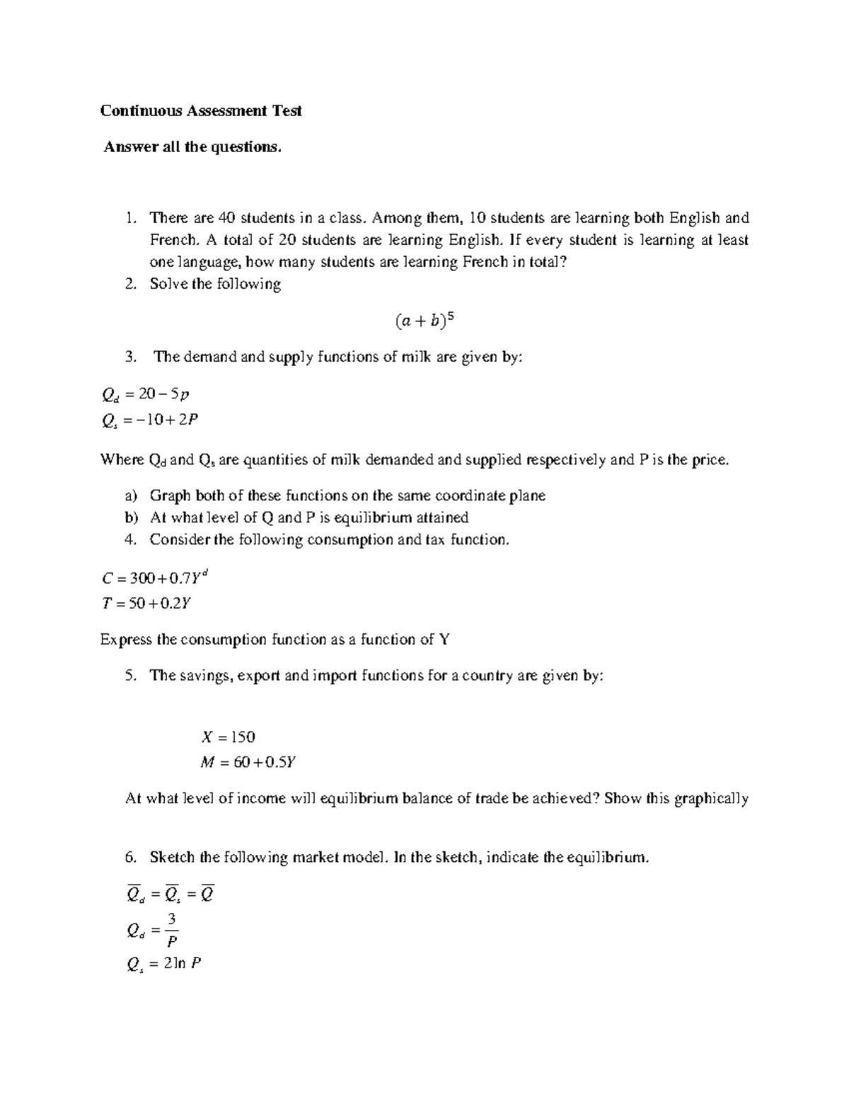Mathematics for economists - Continuous Assessment Test Answer all the ...
