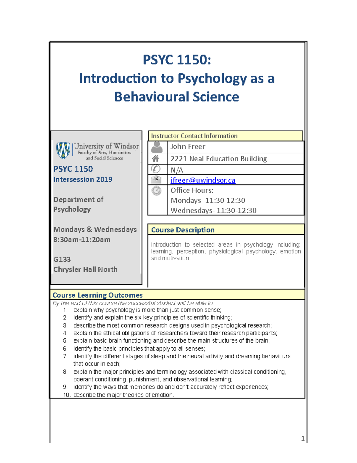 PSYC-1150 (Inter 2019 ) - PSYC 1150: Introduction to Psychology as a Behavioural Science Course ...