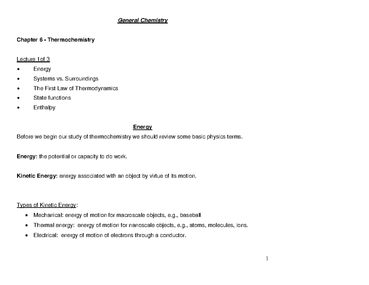 Chapter 6 Part 1 Lecture - General Chemistry Chapter 6 Thermochemistry ...