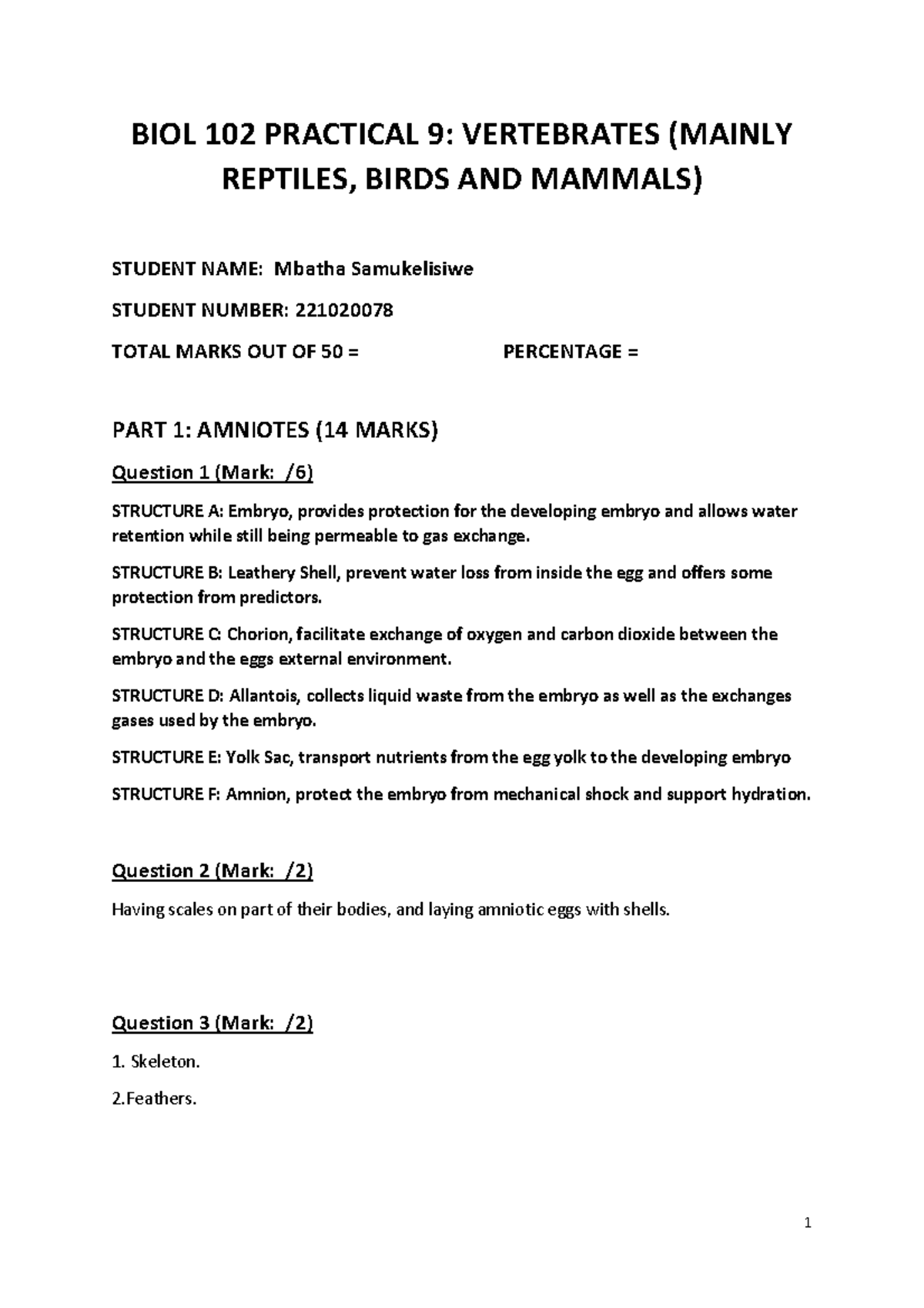 2021 BIOL102 Practical 9 Student Answer Sheet - 1 BIOL 102 PRACTICAL 9 ...