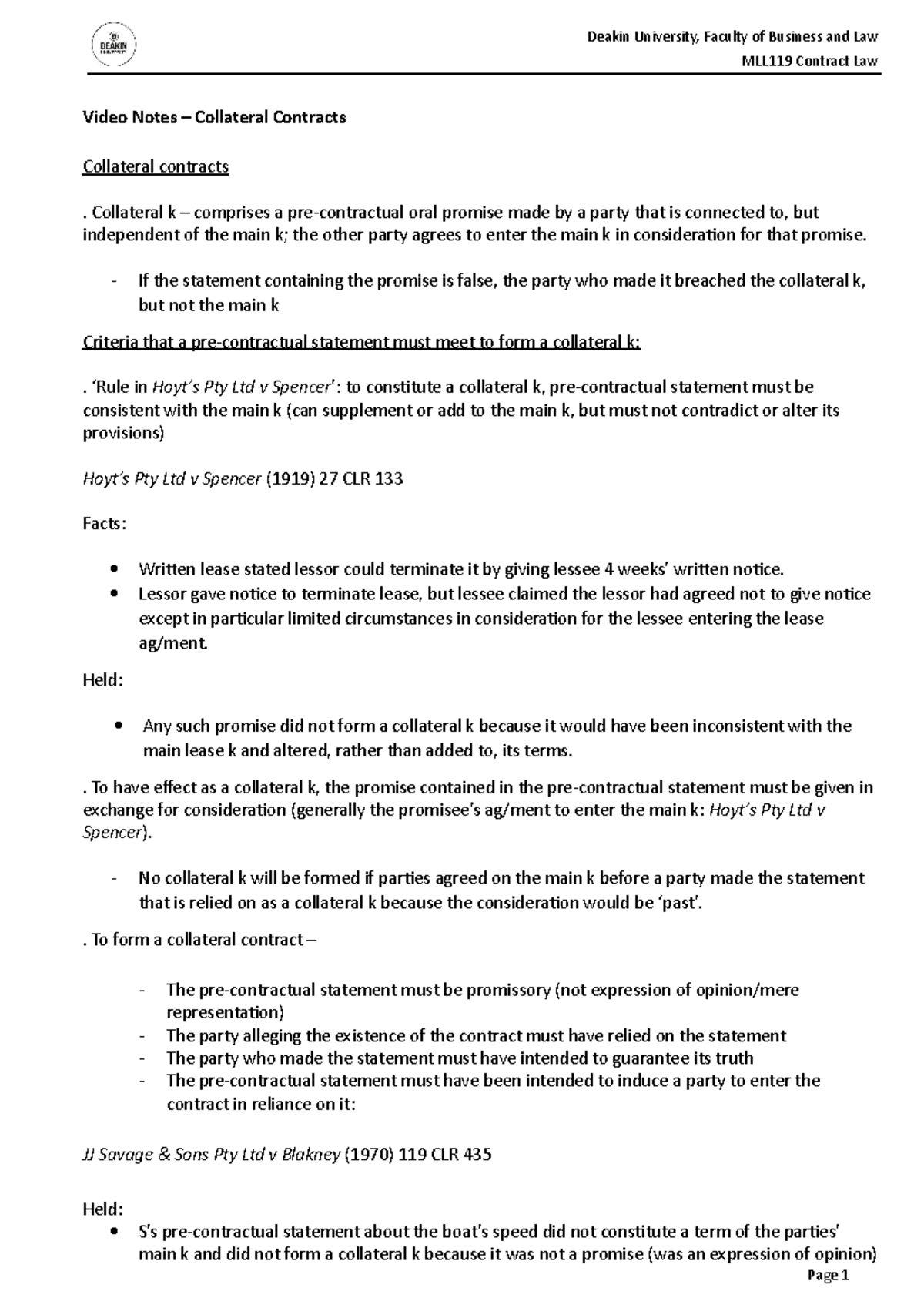 Video Notes 8 - Collateral Contracts - Video Notes – Collateral ...