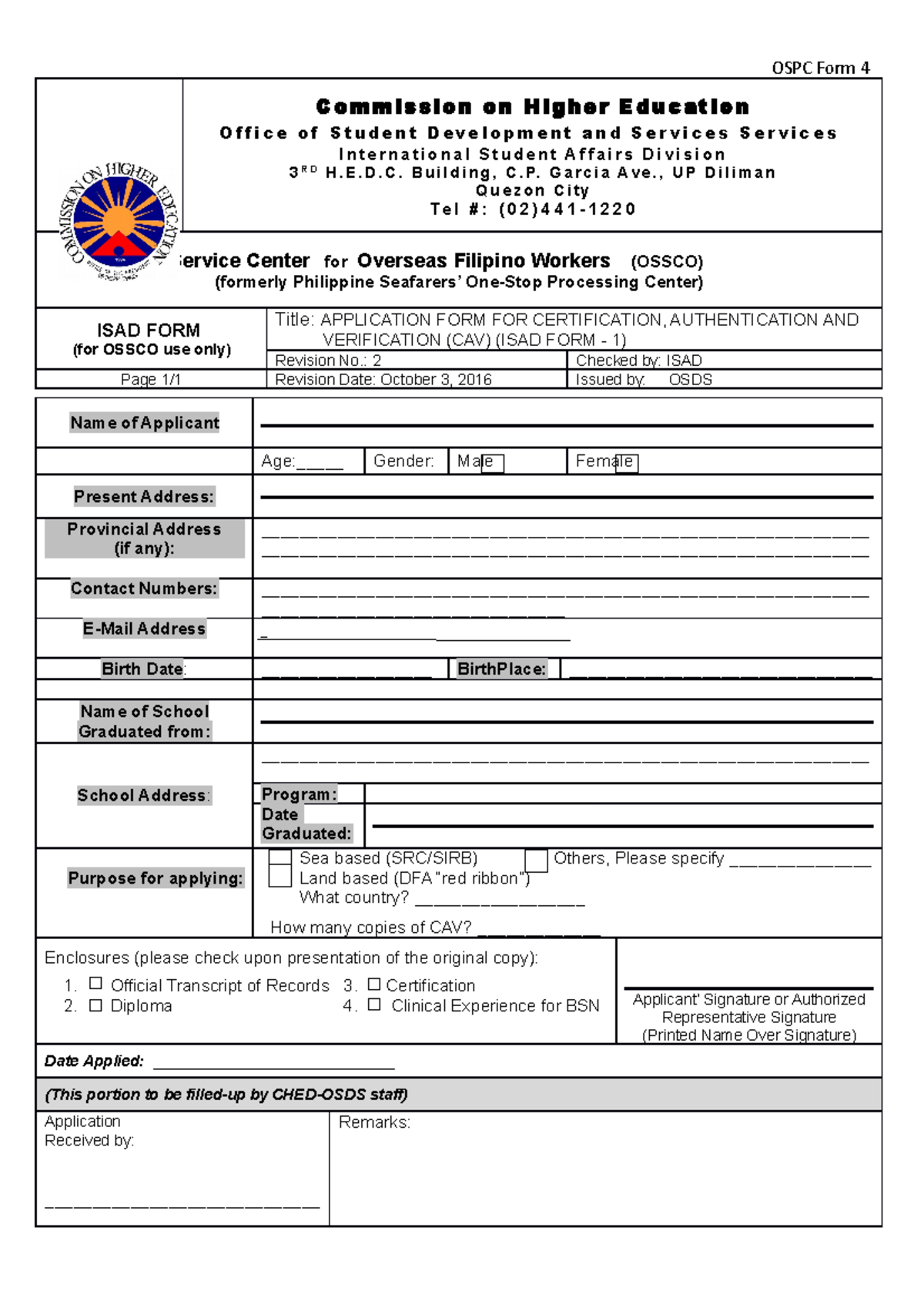 Certification Authentication And Verification CAV Application Form
