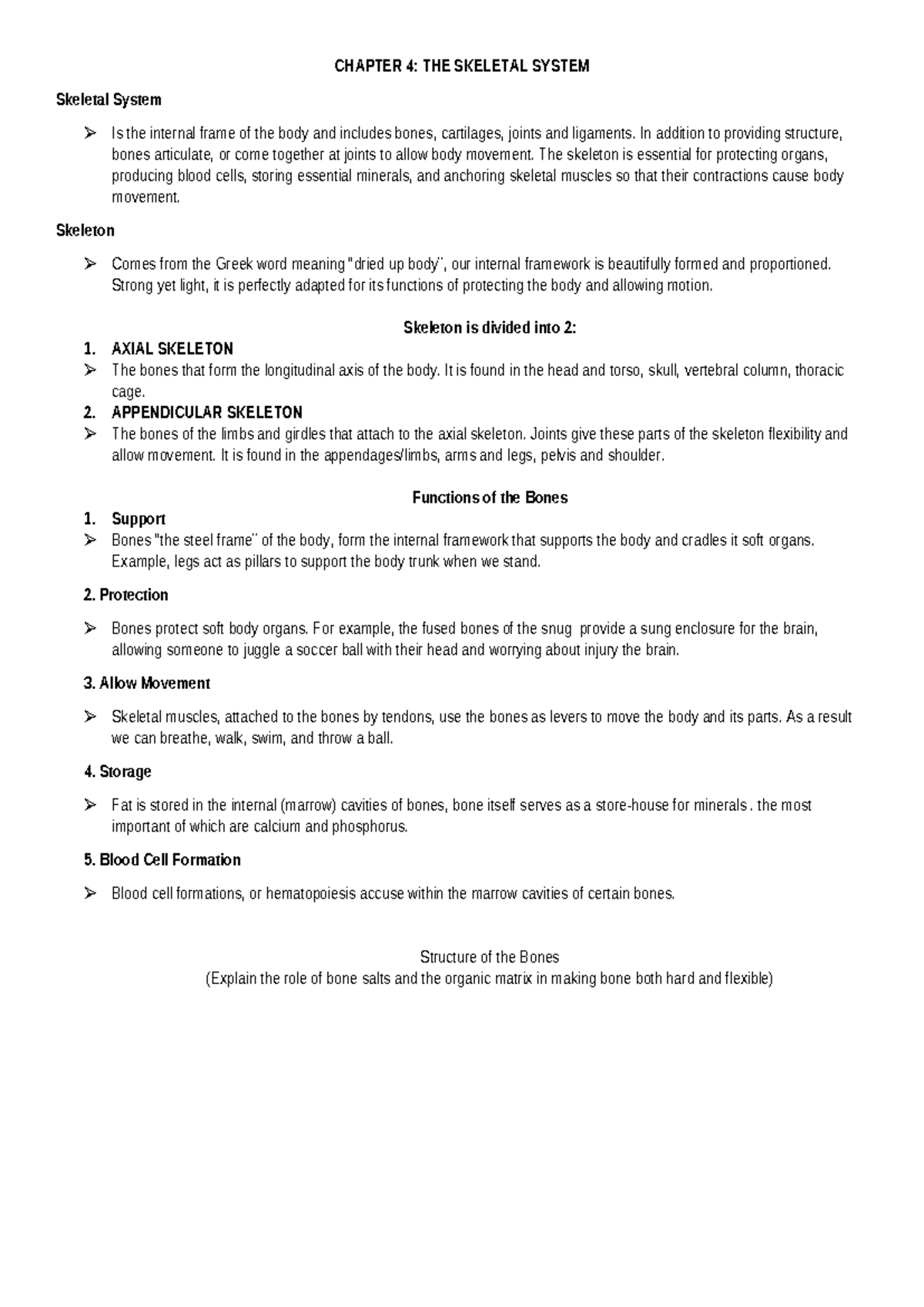Chapter 4 The Skeletal system - CHAPTER 4: THE SKELETAL SYSTEM Skeletal ...