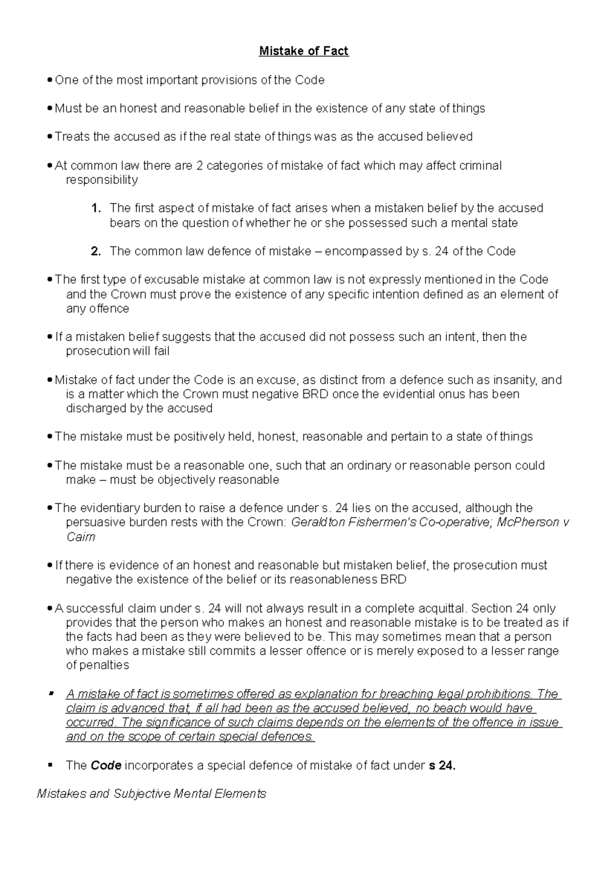 Lecture notes, Mistake of Fact - Mistake of Fact One of the most ...