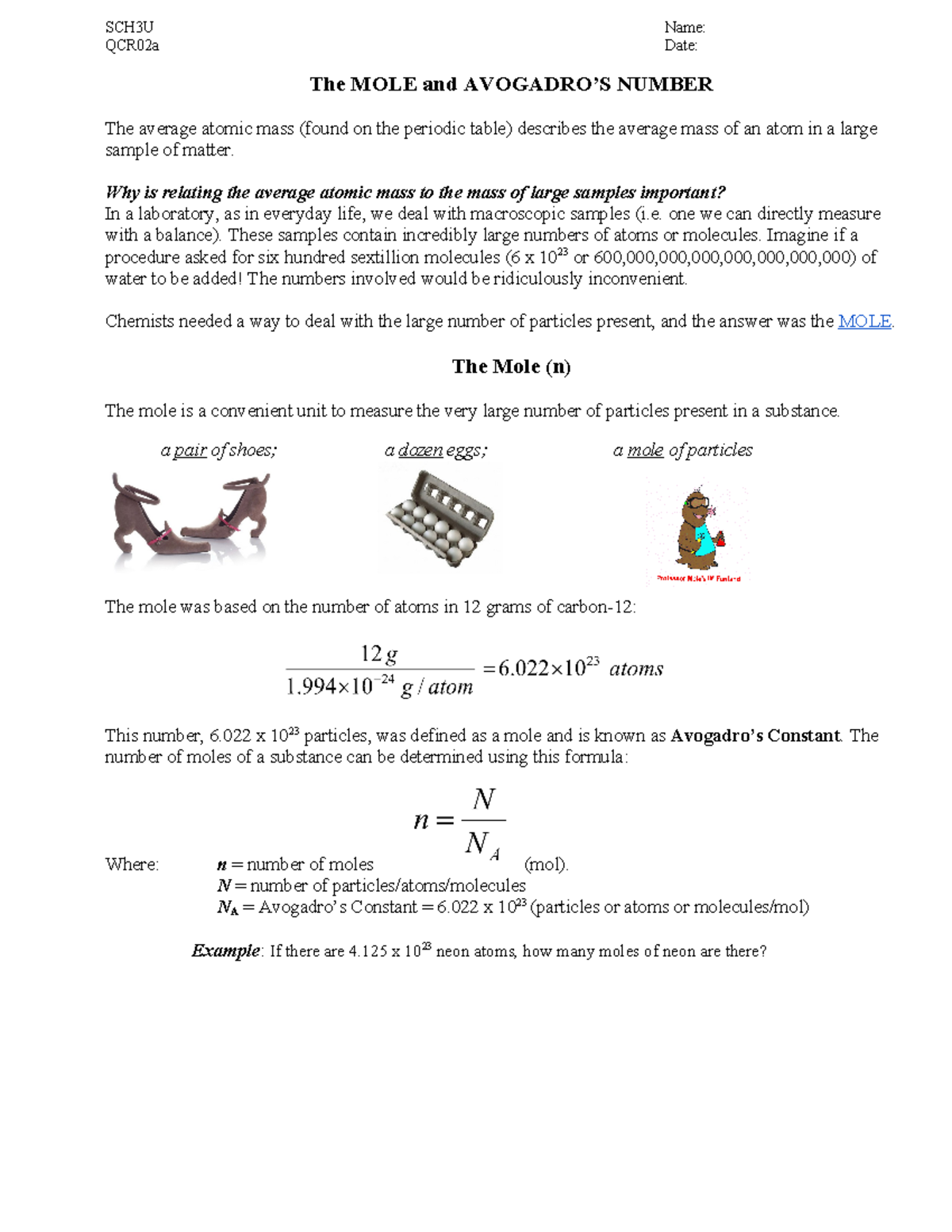 QCR02Wa P Moles to Particles Calculations - SCH3U Name: QCR02a Date ...