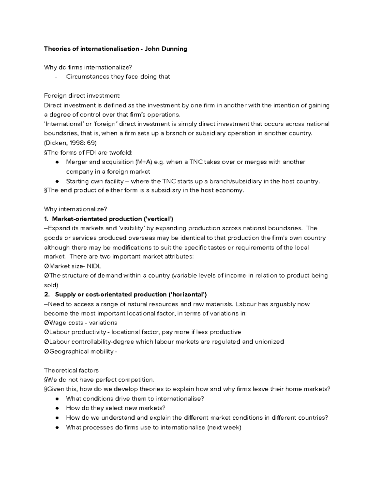Lecture 3 - Theories of internationalisation - John Dunning - Theories ...