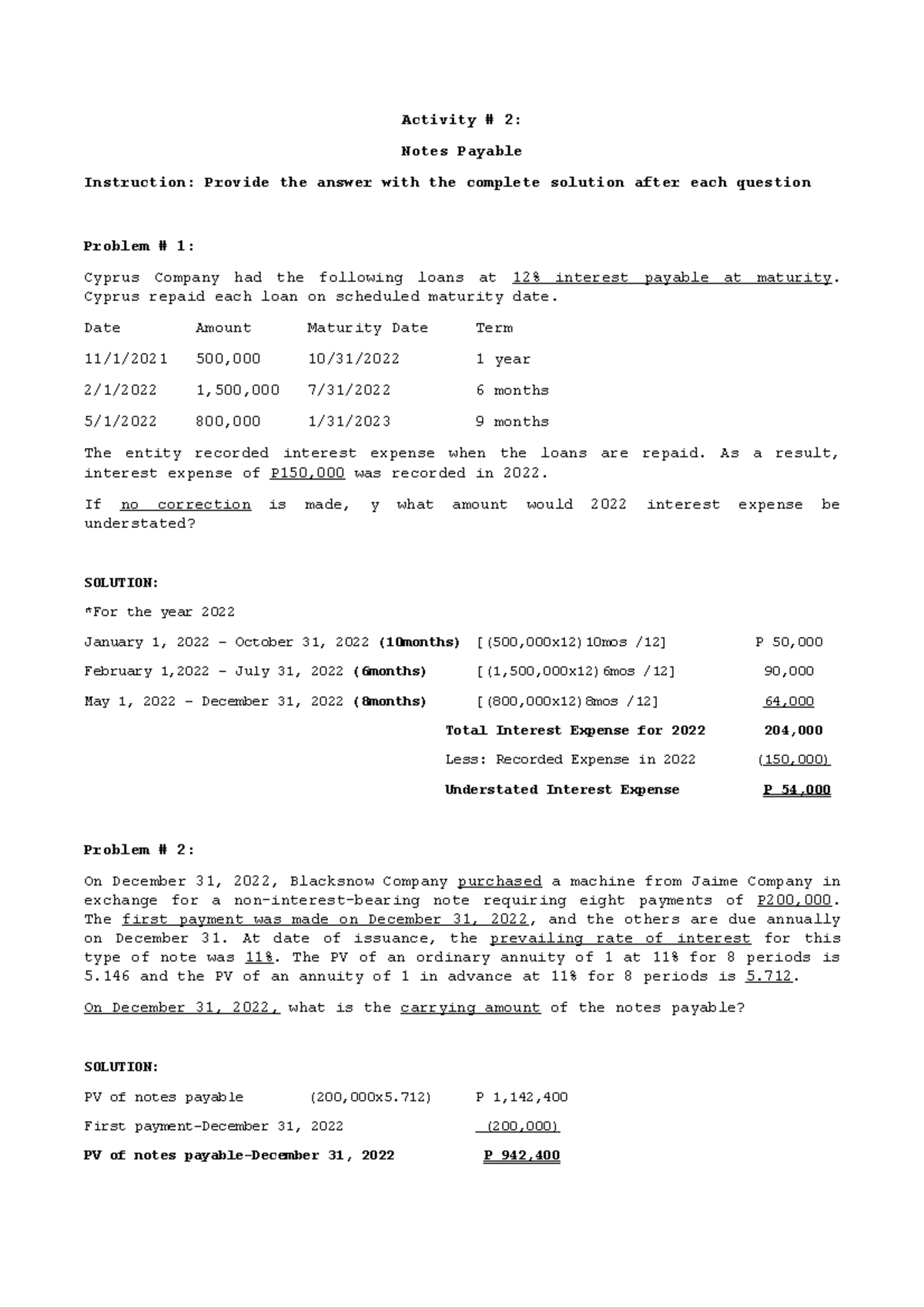 Problem Solving (Notes Payable) WITH Solutions - Activity # 2: Notes ... Problem Solving (Notes Payable) WITH Solutions - Activity # 2: Notes ...