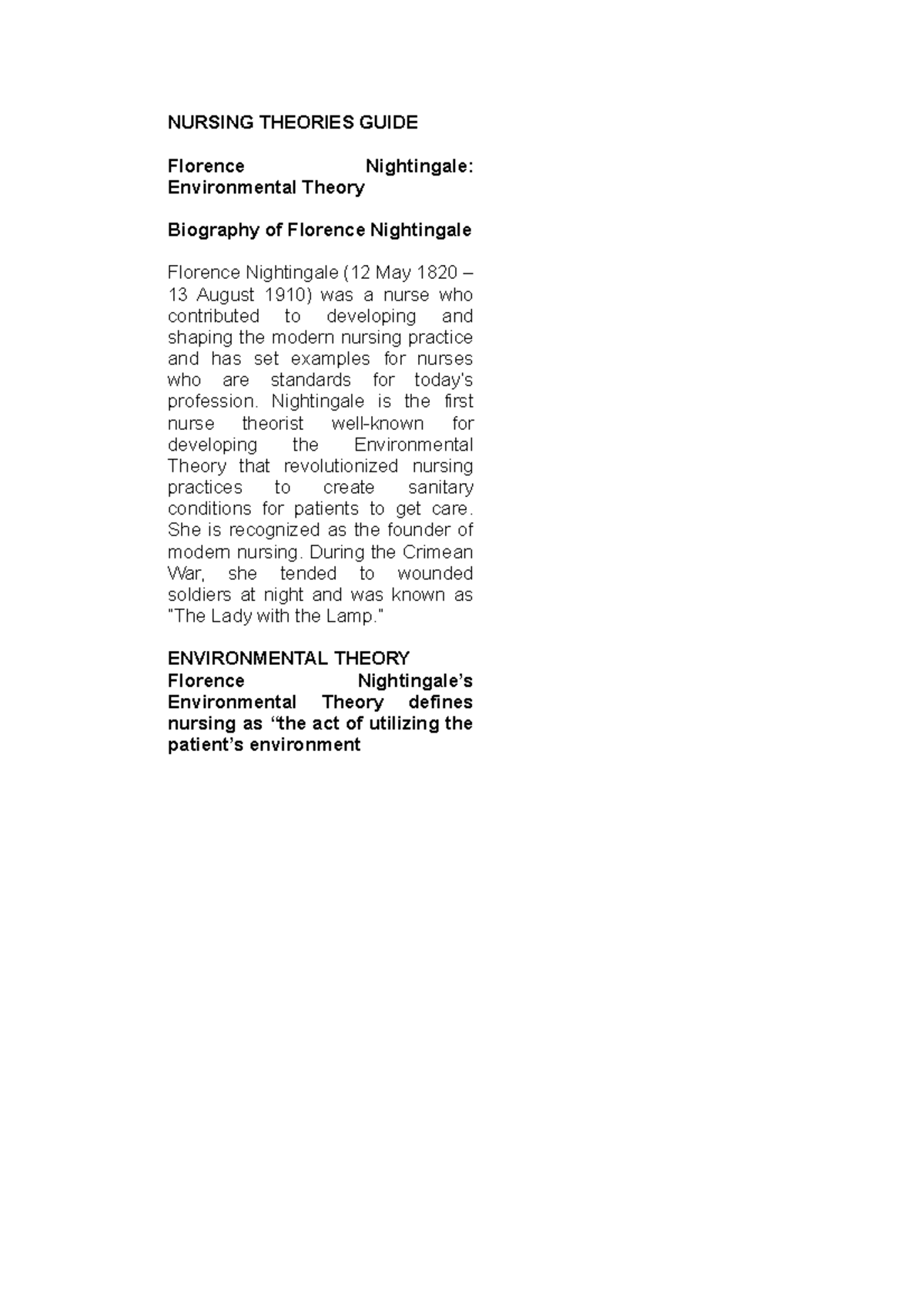 Nursing Theories Guide - NURSING THEORIES GUIDE Florence Nightingale ...