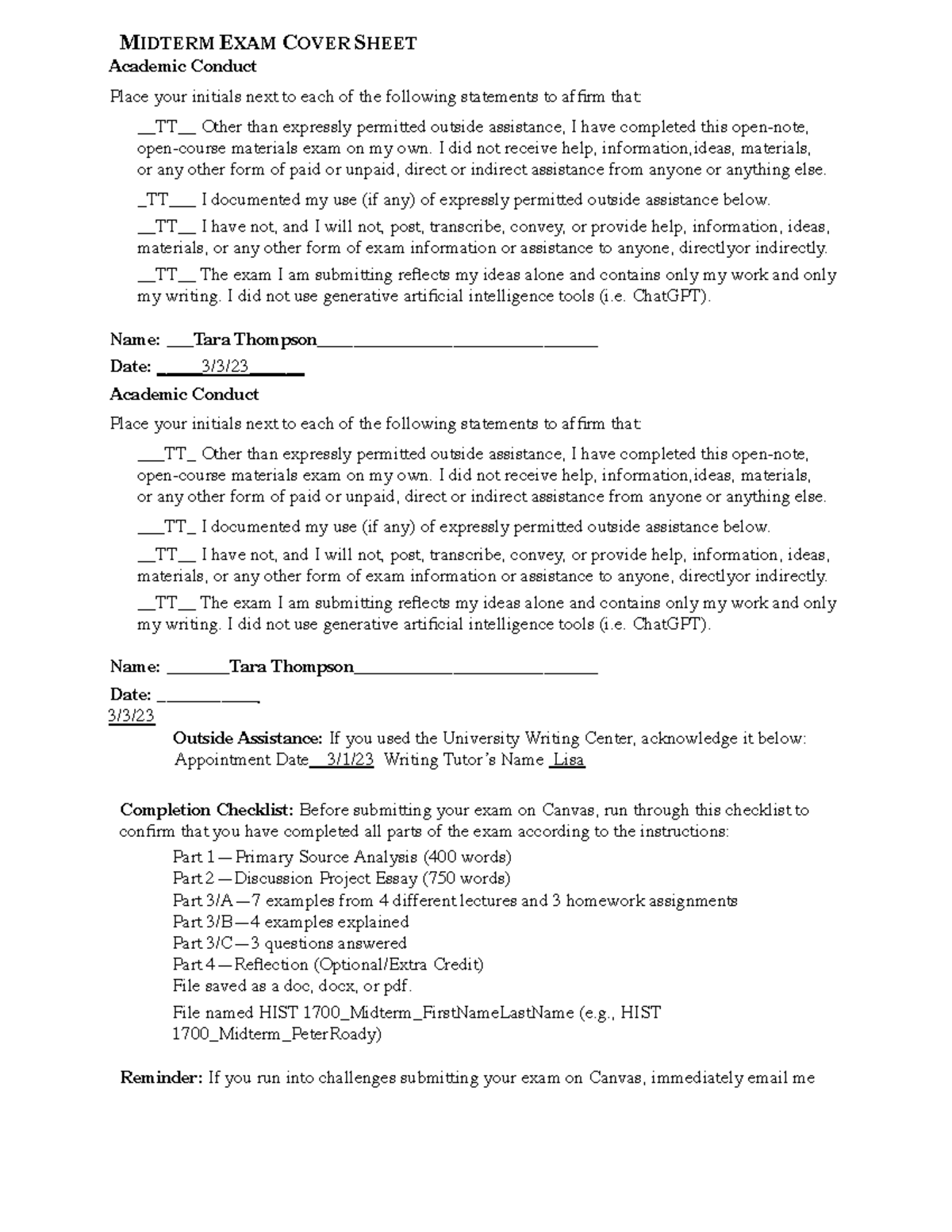 HIST 1700 Midterm Tara Thompson - MIDTERM EXAM COVER SHEET Academic ...