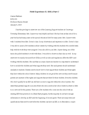 Field Experience C- ECE 220 - Field Experience C: Early Interventions ...