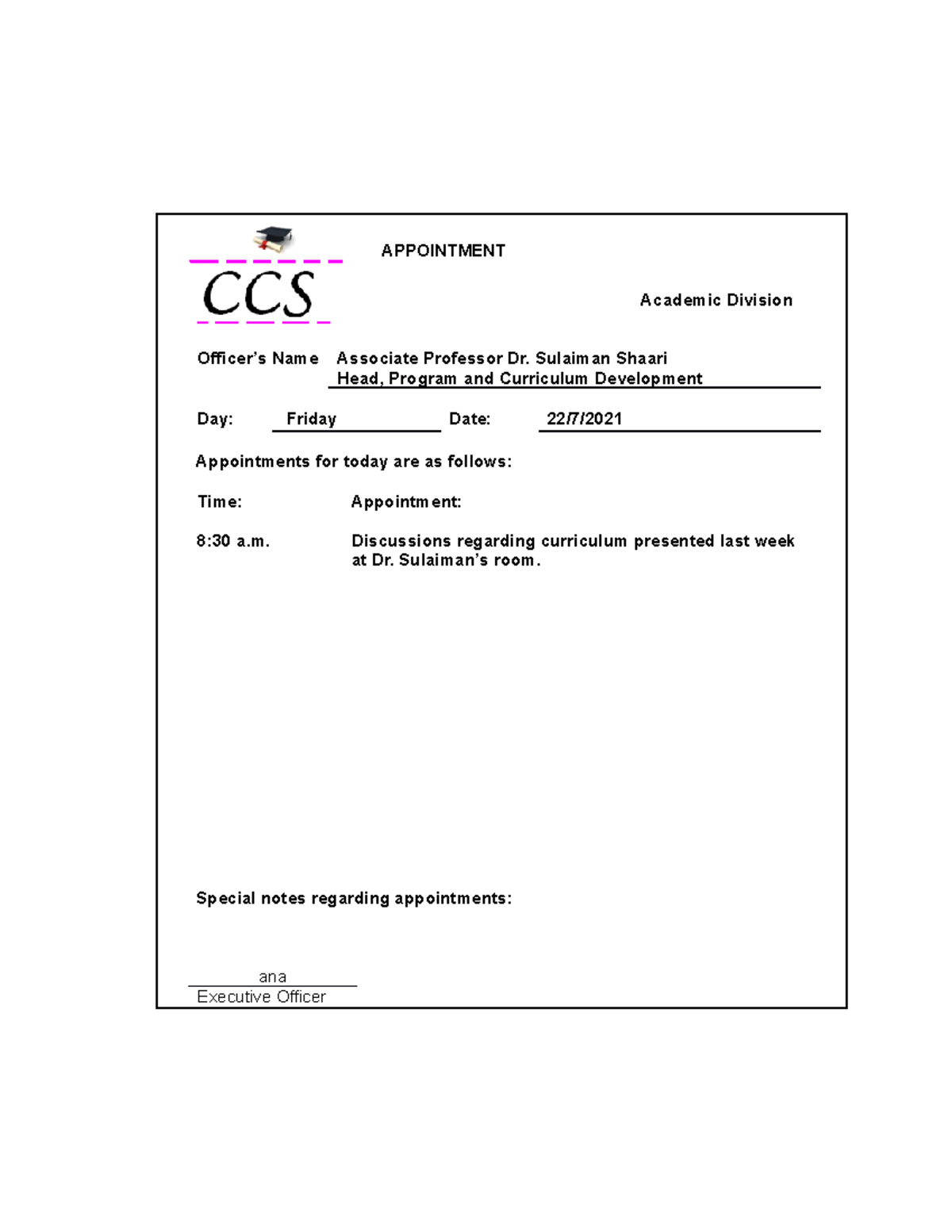 Appointment Sheet JOB 15 (P3) - Academic Division Officer’s Name ...