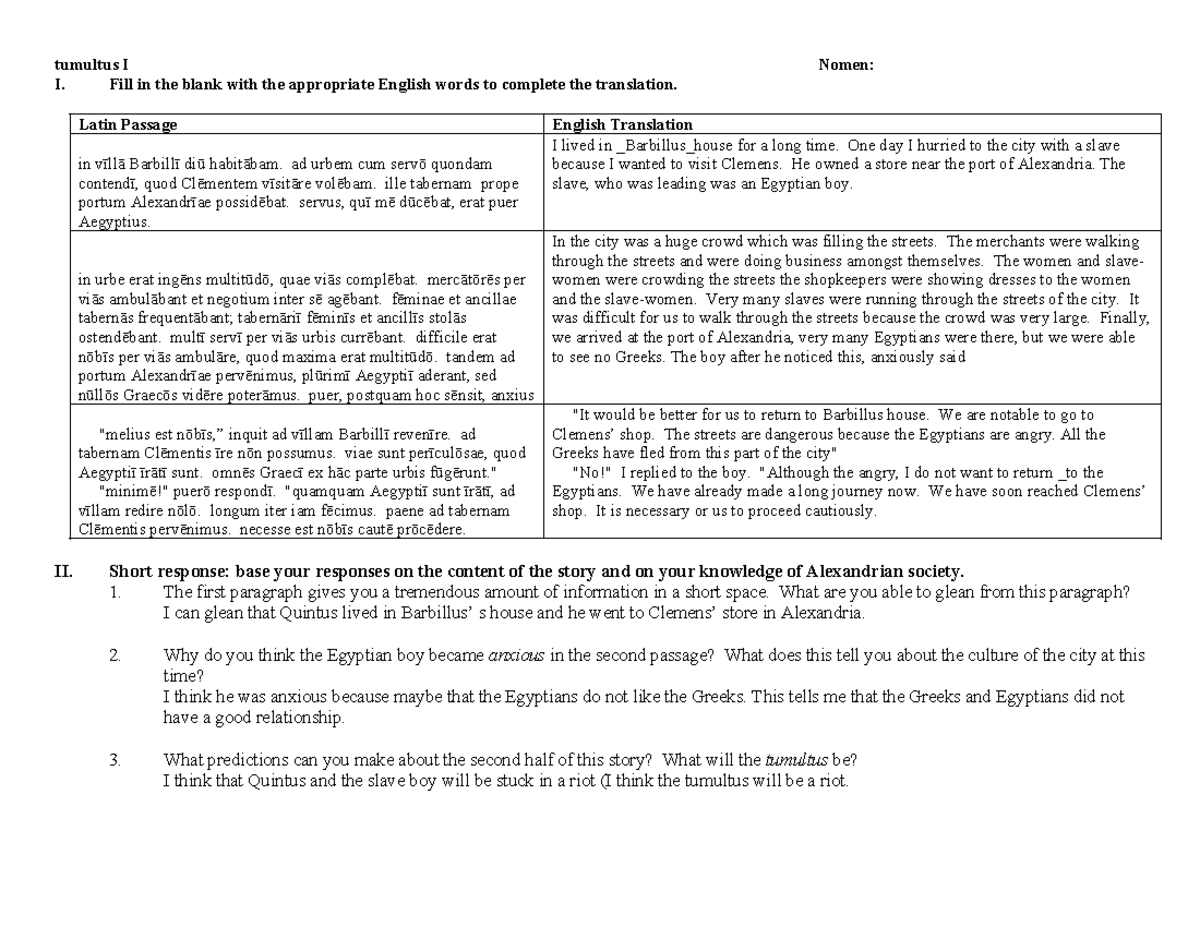 Notes for Latin - tumultus I Nomen: I. Fill in the blank with the ...
