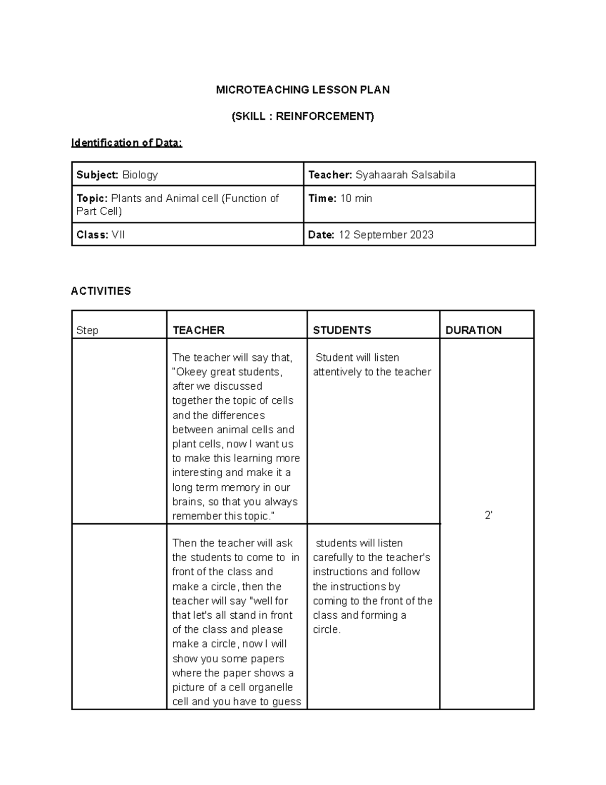 Syahaarah Salsabila Reinforcement Lesson Plan Microteaching ...