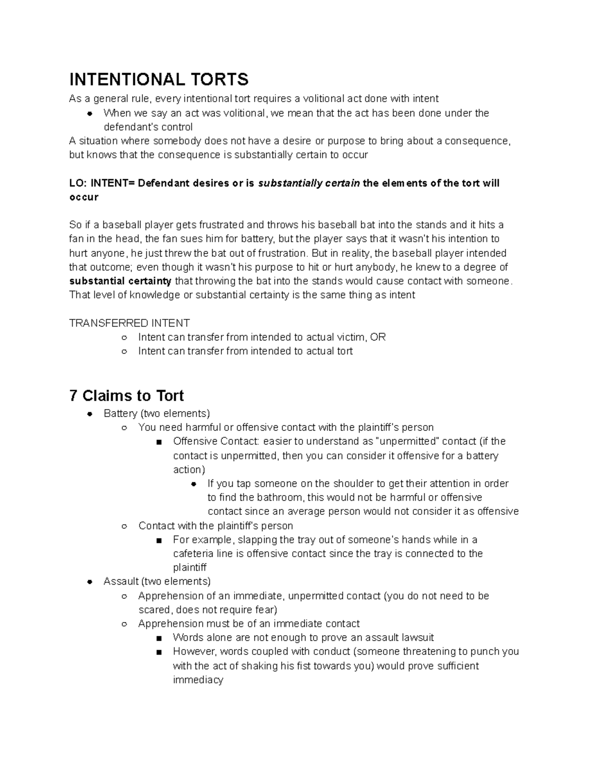 Torts Outline - INTENTIONAL TORTS As a general rule, every intentional ...