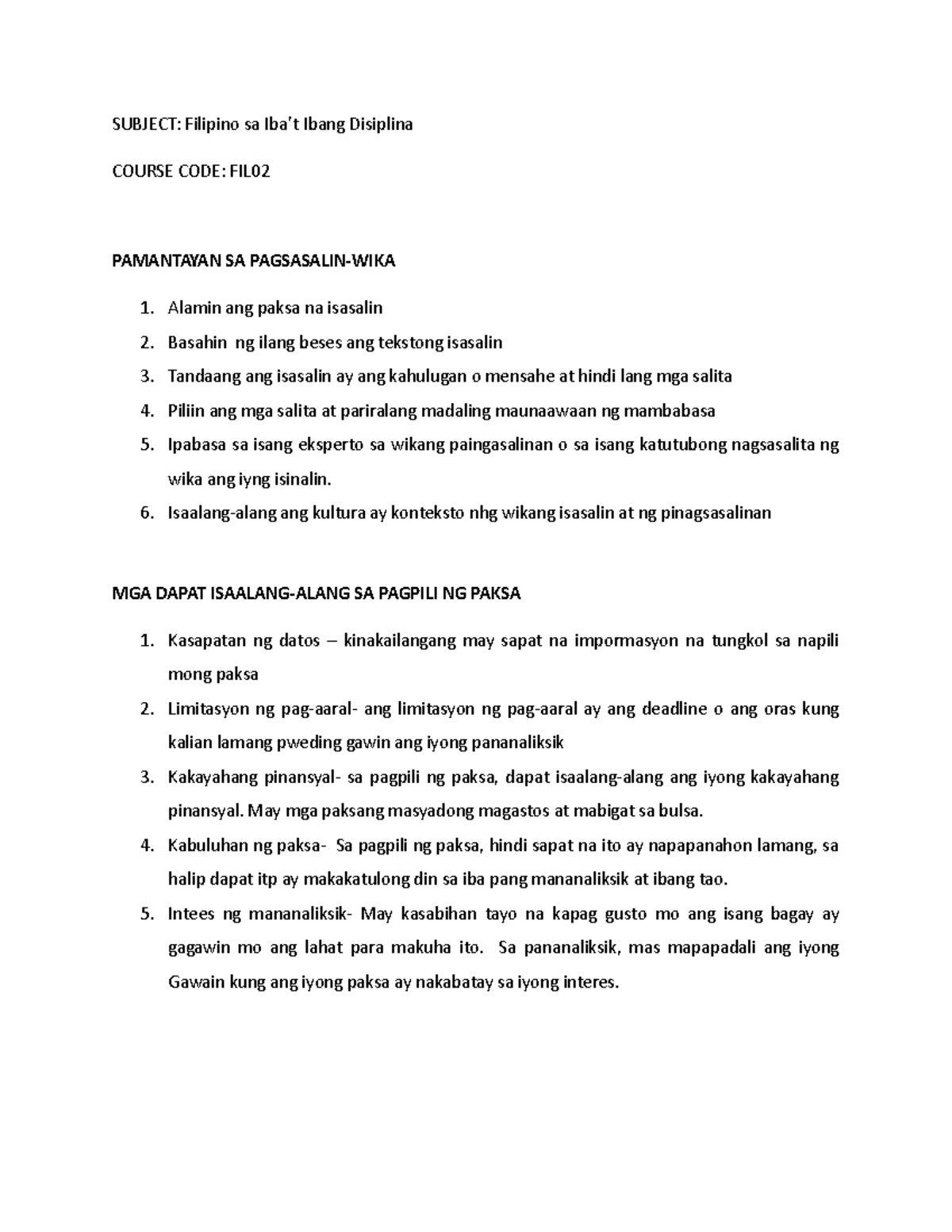 Pagsasalin-WIKA AT Pagpili NG Paksa - SUBJECT: Filipino sa Iba’t Ibang ...
